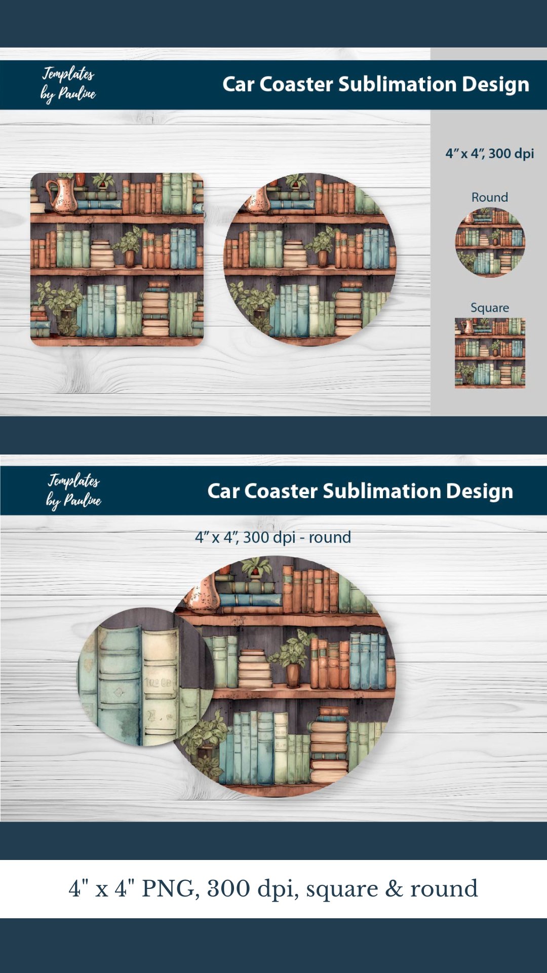 Old Bookshelf Car Coaster Sublimation, Vintage book Design