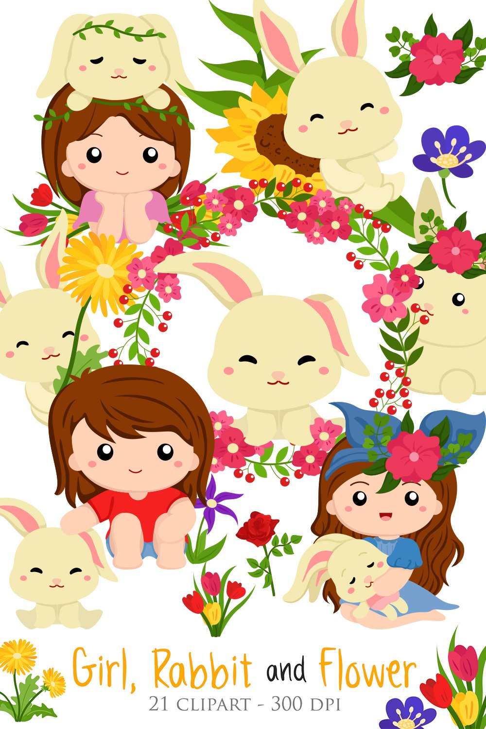 Cute Girl Rabbit Flower Garden Illustration Vector Clipart