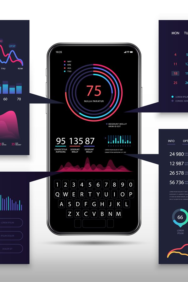 Smartphone app infographic with 3d phone, marketing charts a
