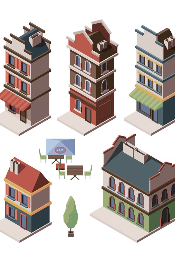Old house isometric. Medieval buildings royal gates retro ap