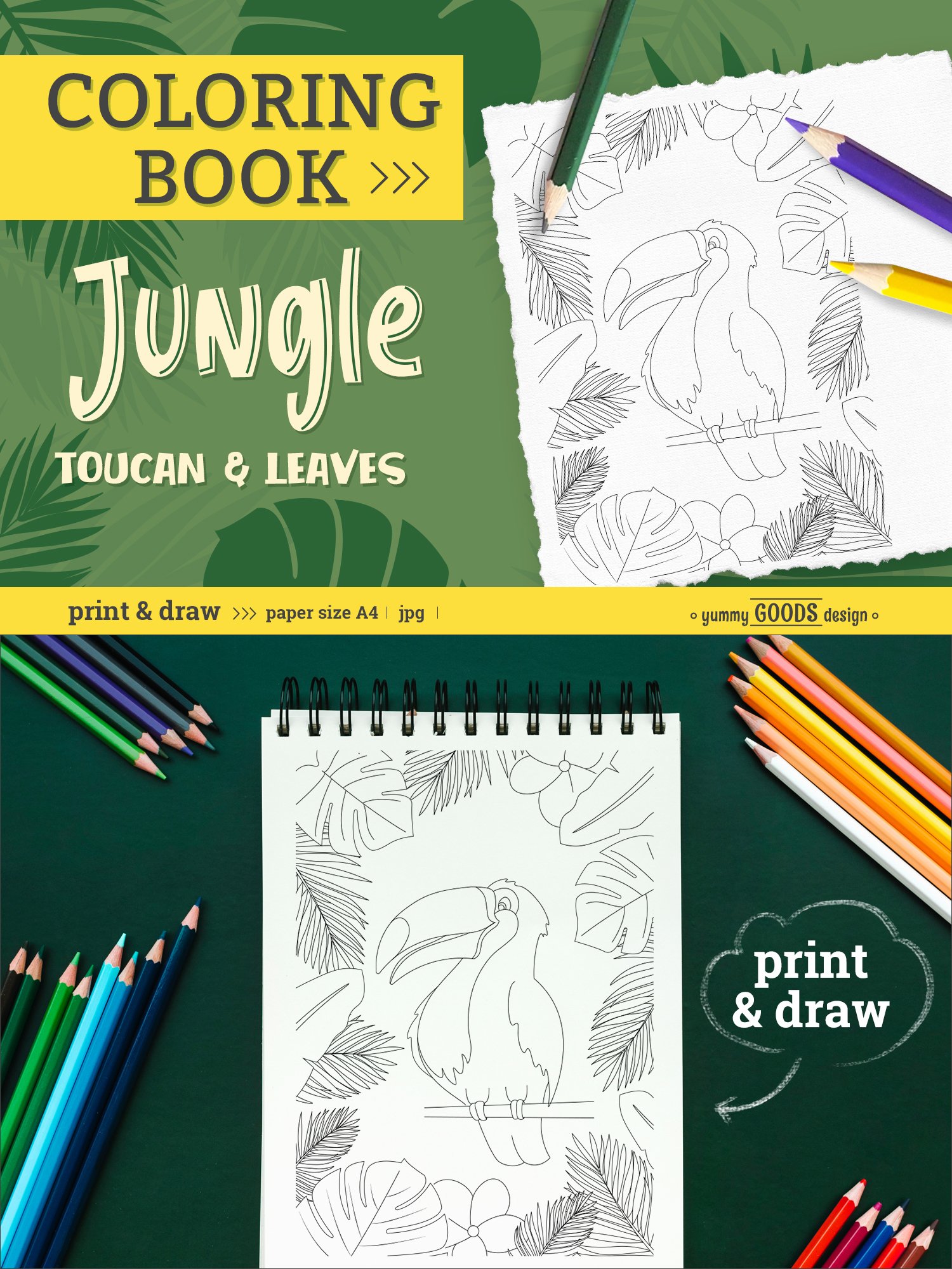 Jungle Coloring Page For Kids. Toucan & Leaves Coloring Page