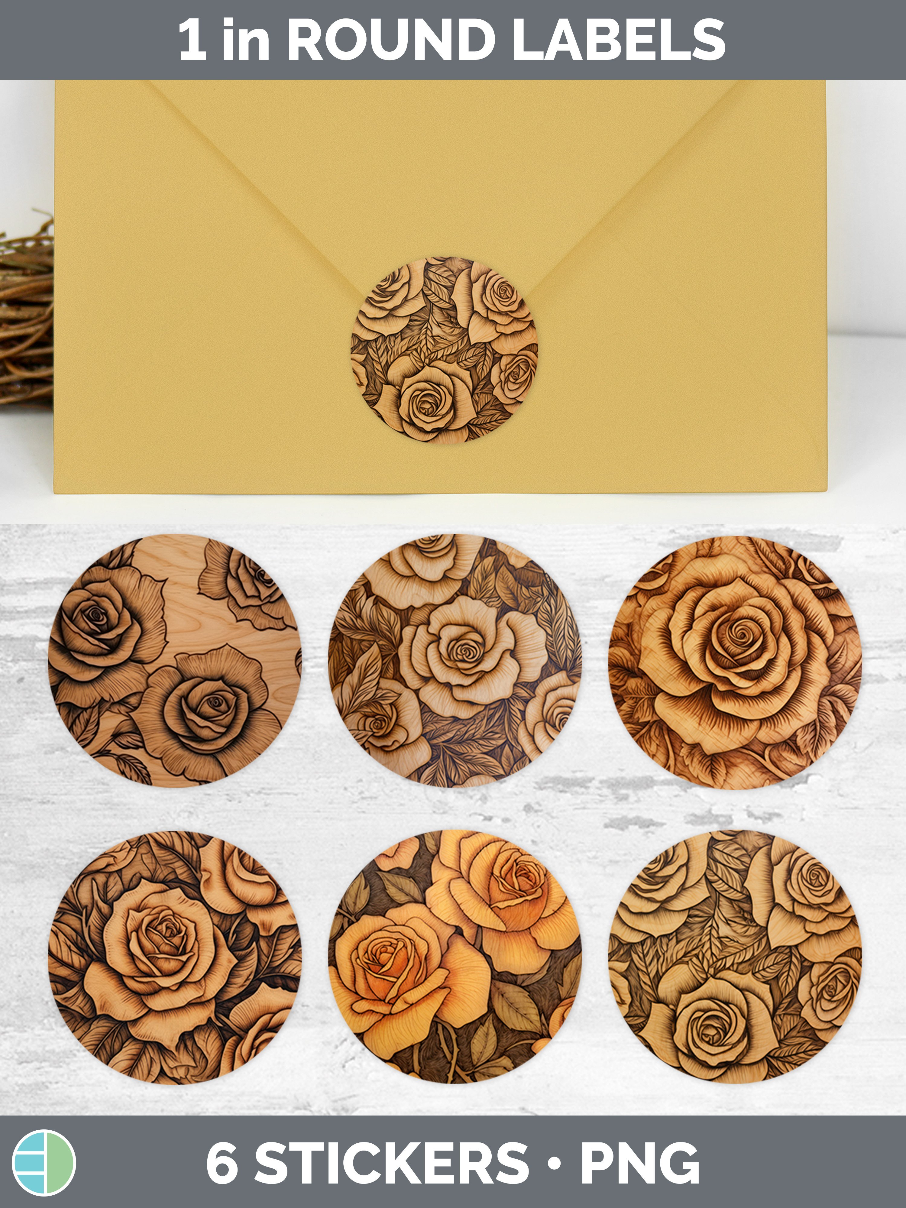 Wood Burned Rose Flowers Stickers | Round Labels Designs Bun