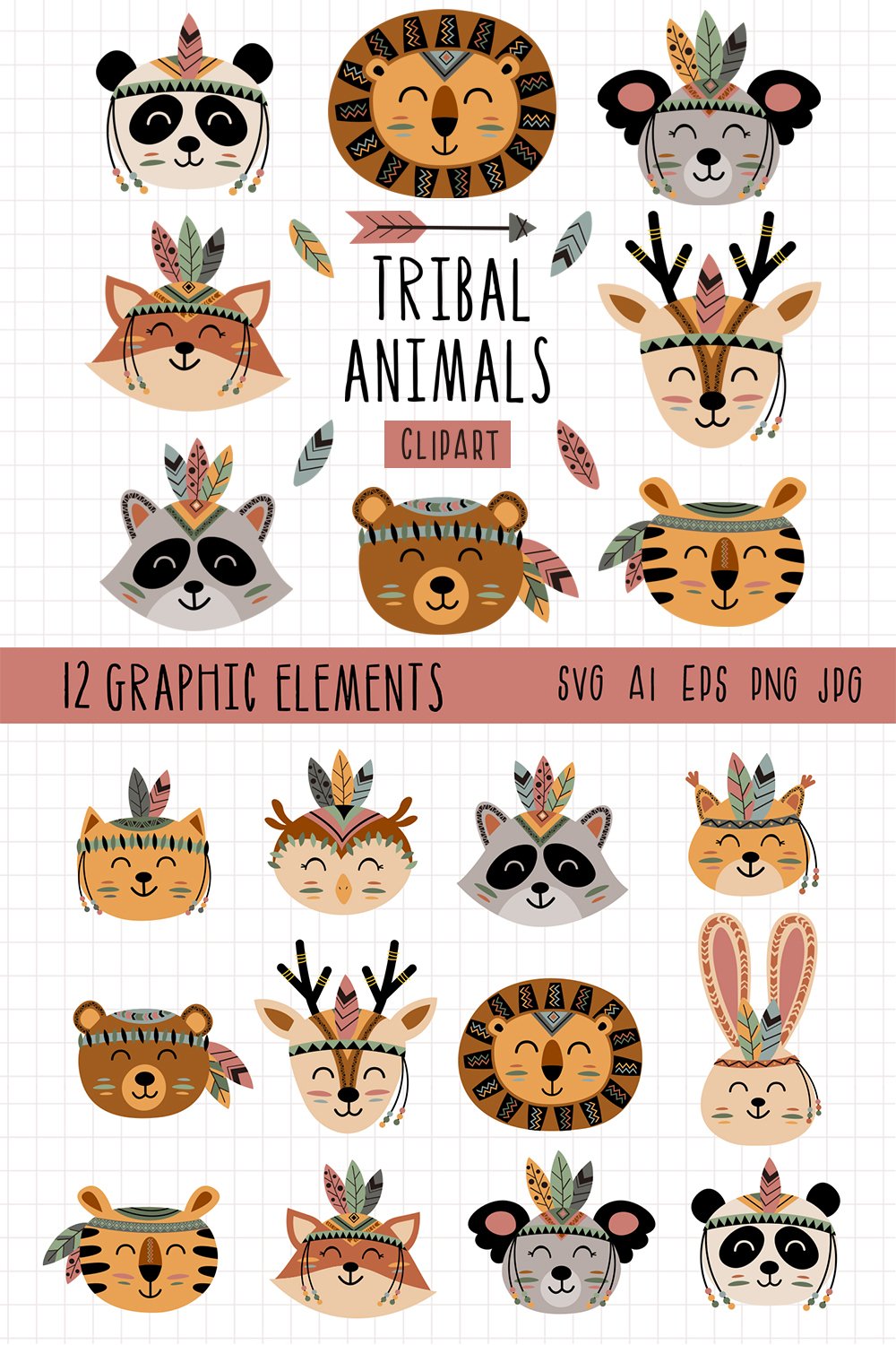 Tribal Head Face Animal Svg, Animal head clipart, Boho svg