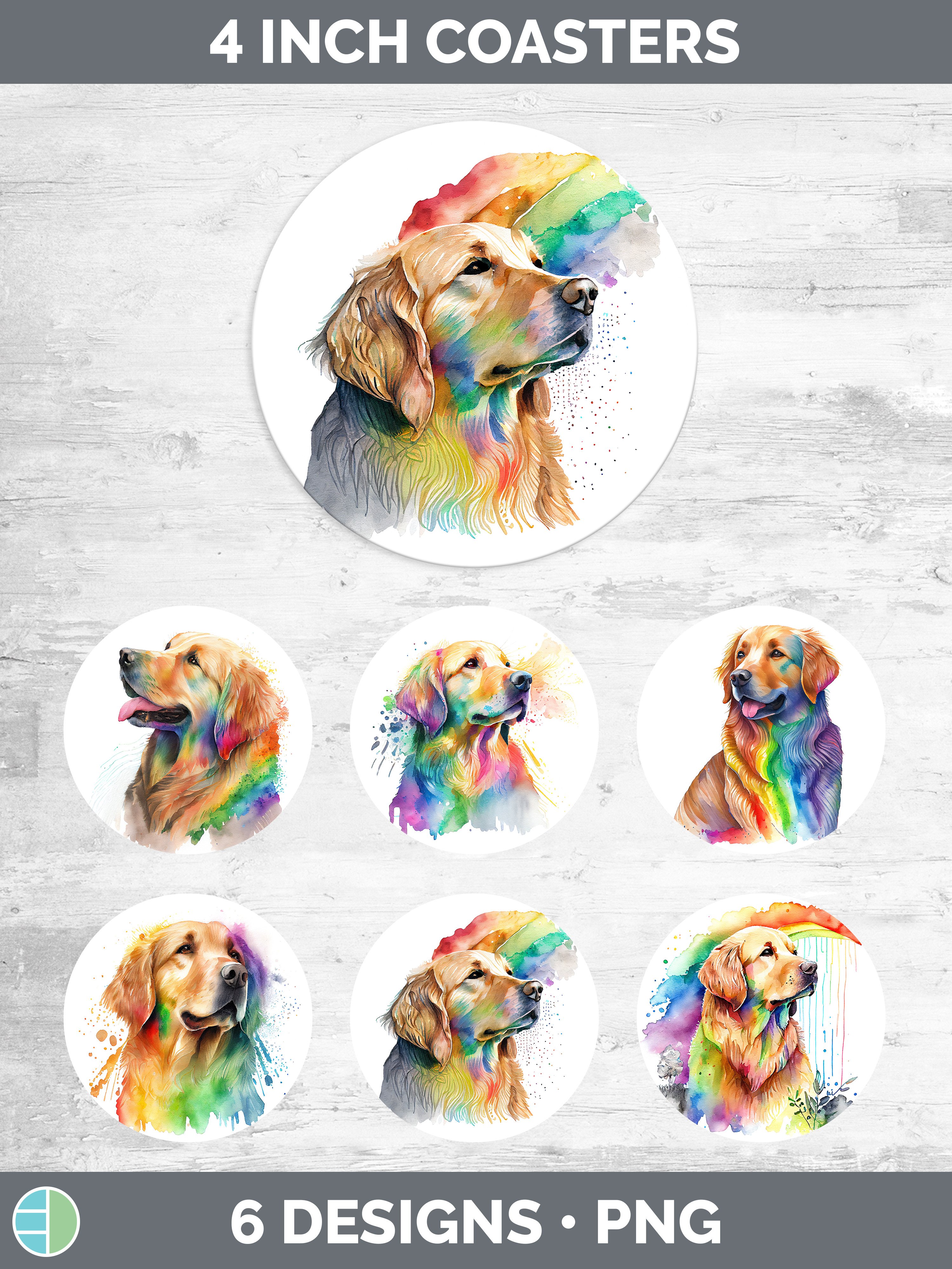 Rainbow Golden Retriever Dog Round Coaster | Sublimation Coa