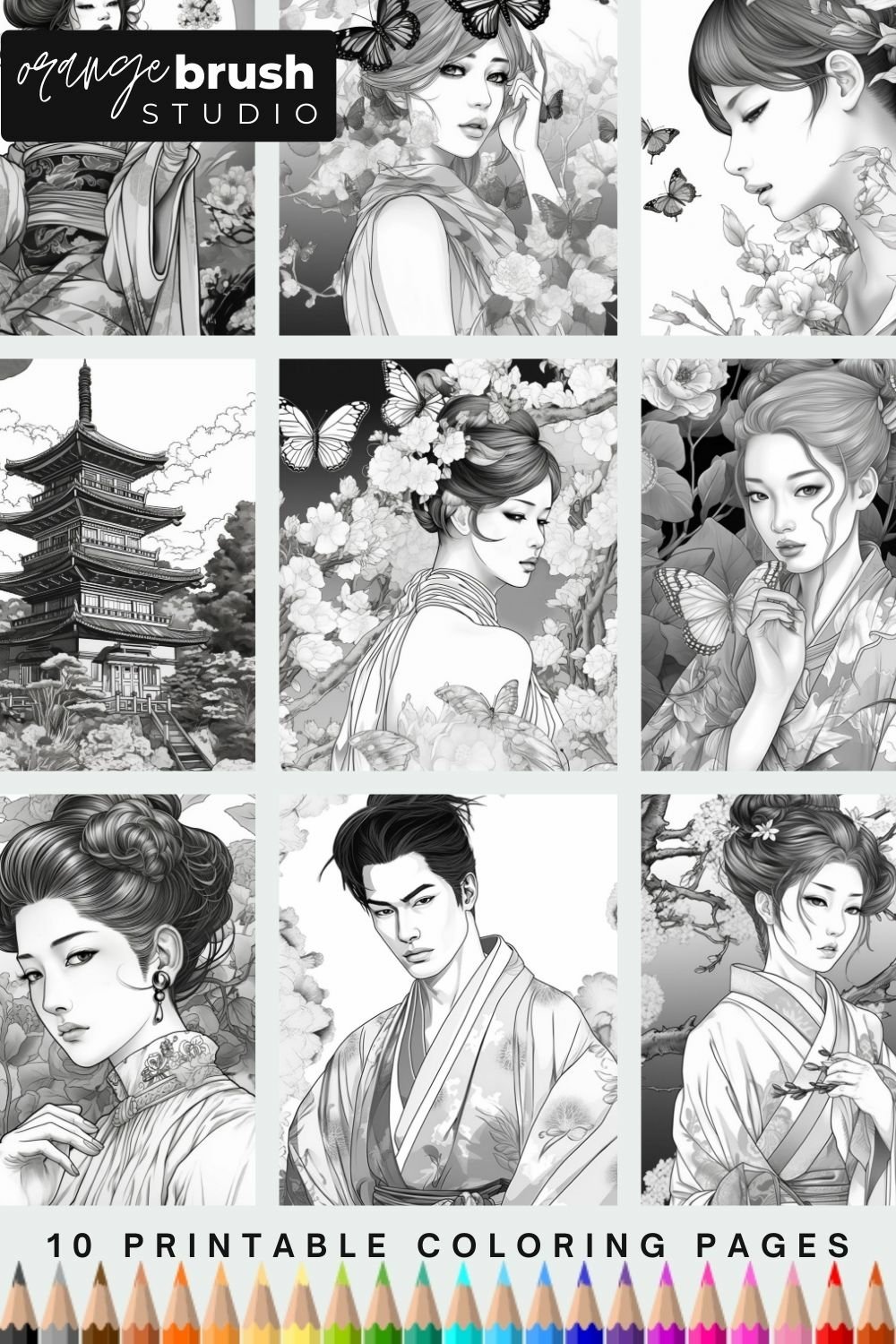 Japanese Women Printable Coloring Book, Adult Coloring Pages