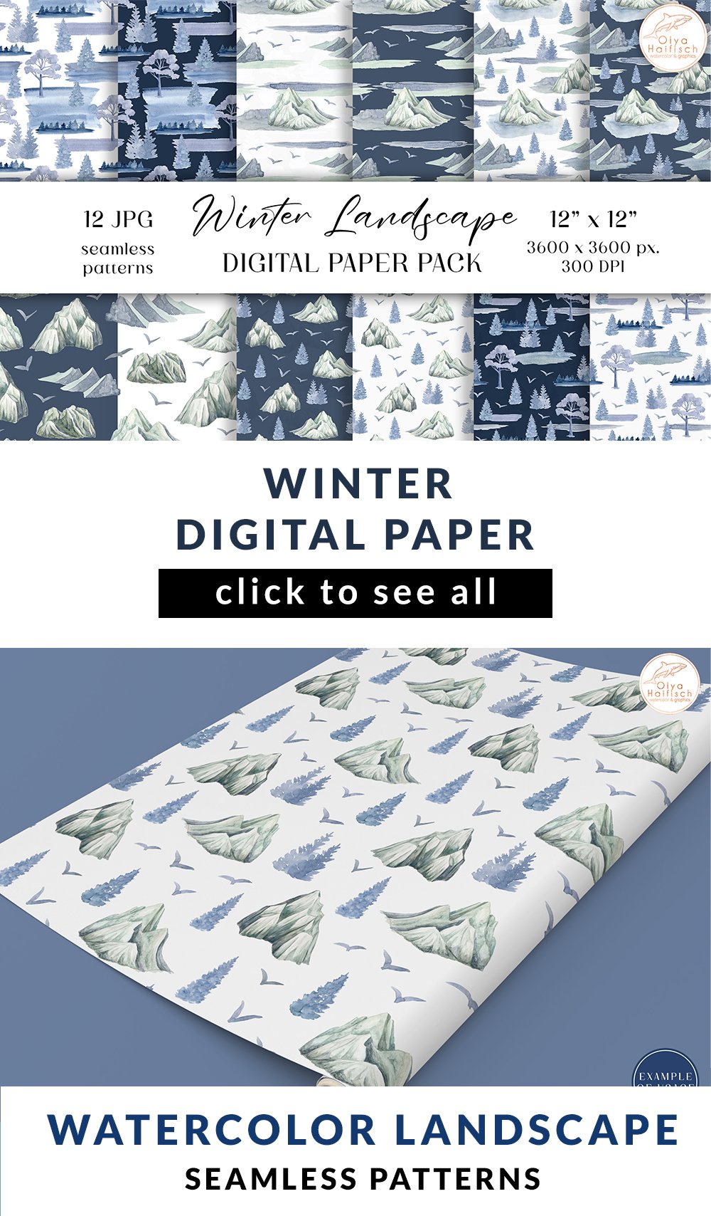 Winter Digital Paper. Watercolor Landscape Seamless Patterns