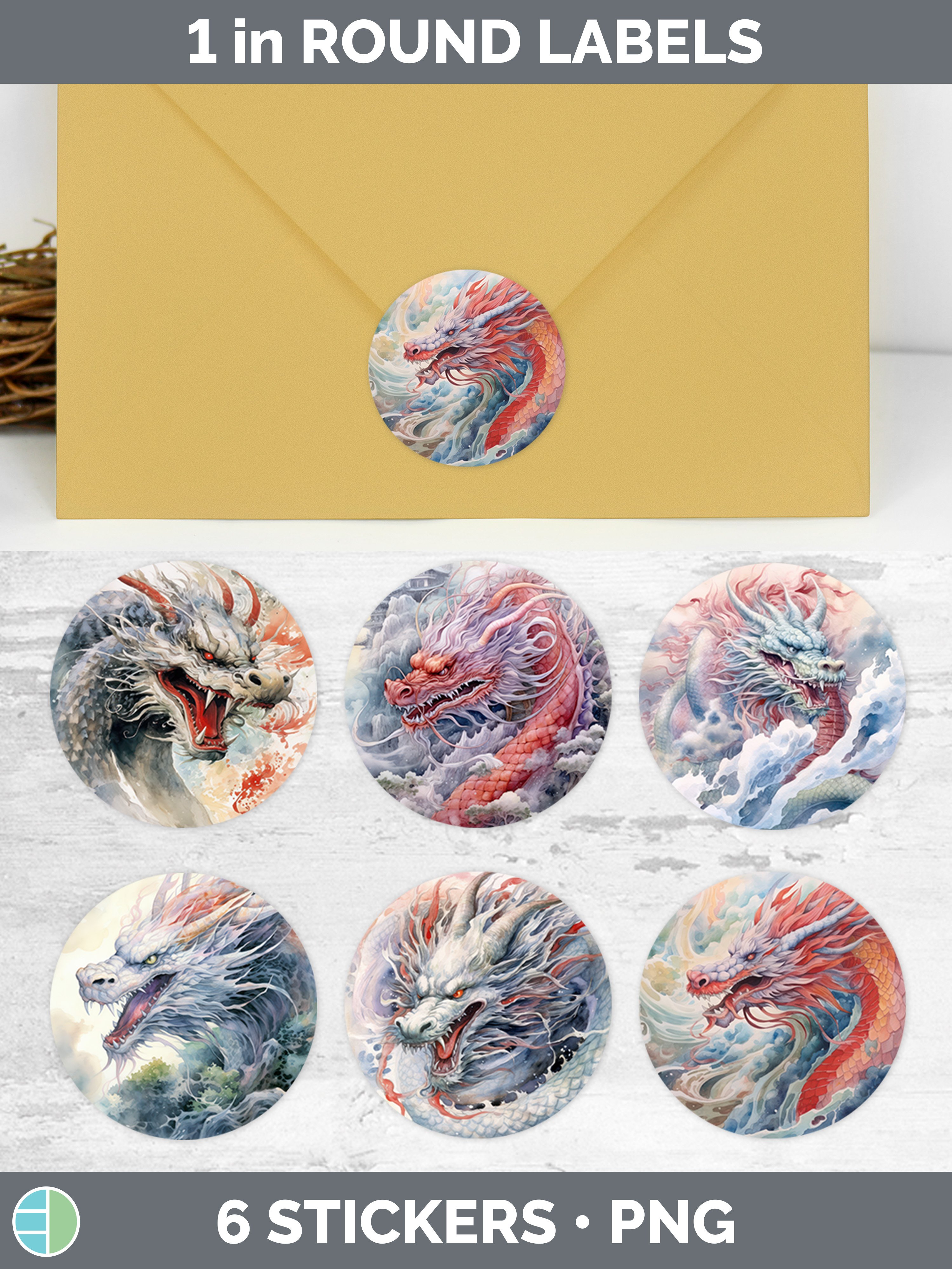 Japanese Watercolor Dragon Stickers | Round Labels Designs B