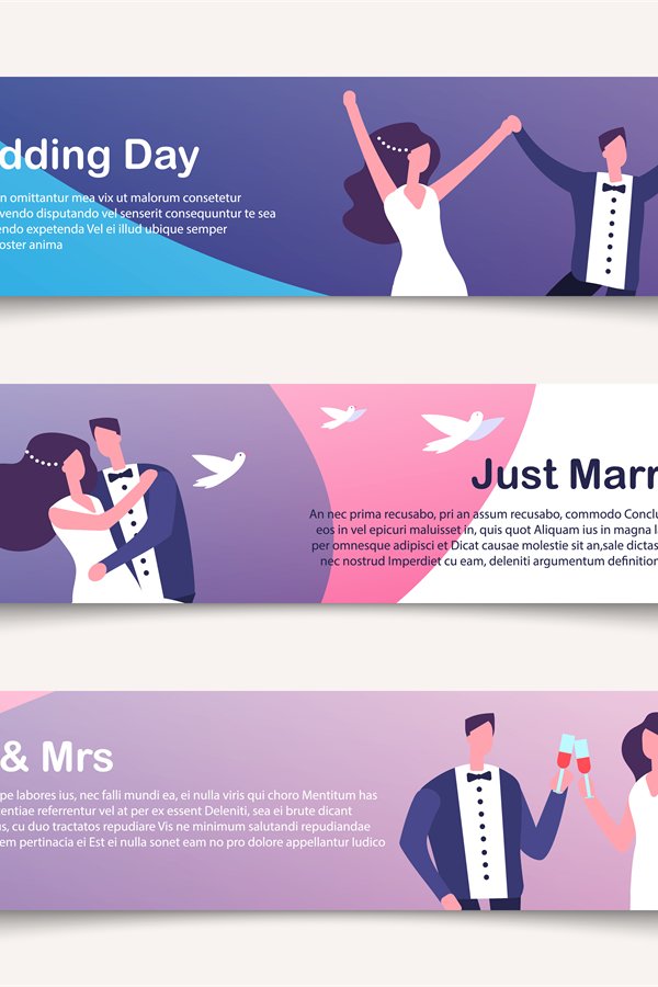 Wedding banners vector template with cartoon character