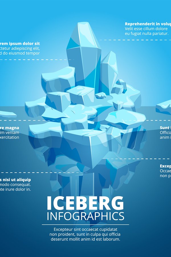 Infographic illustration with blue iceberg in ocean