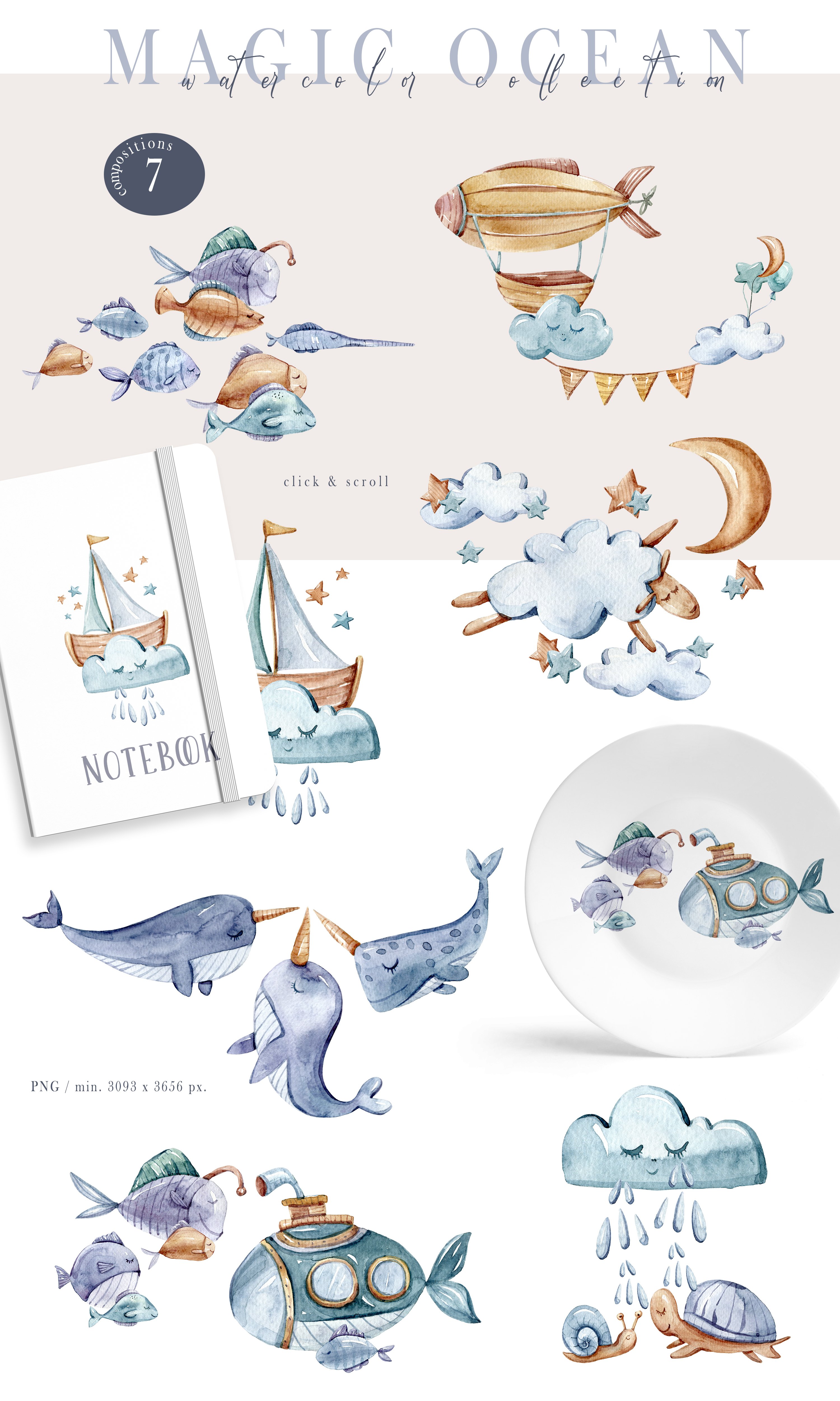 Watercolor cute sea animal clipart set - 7 png files