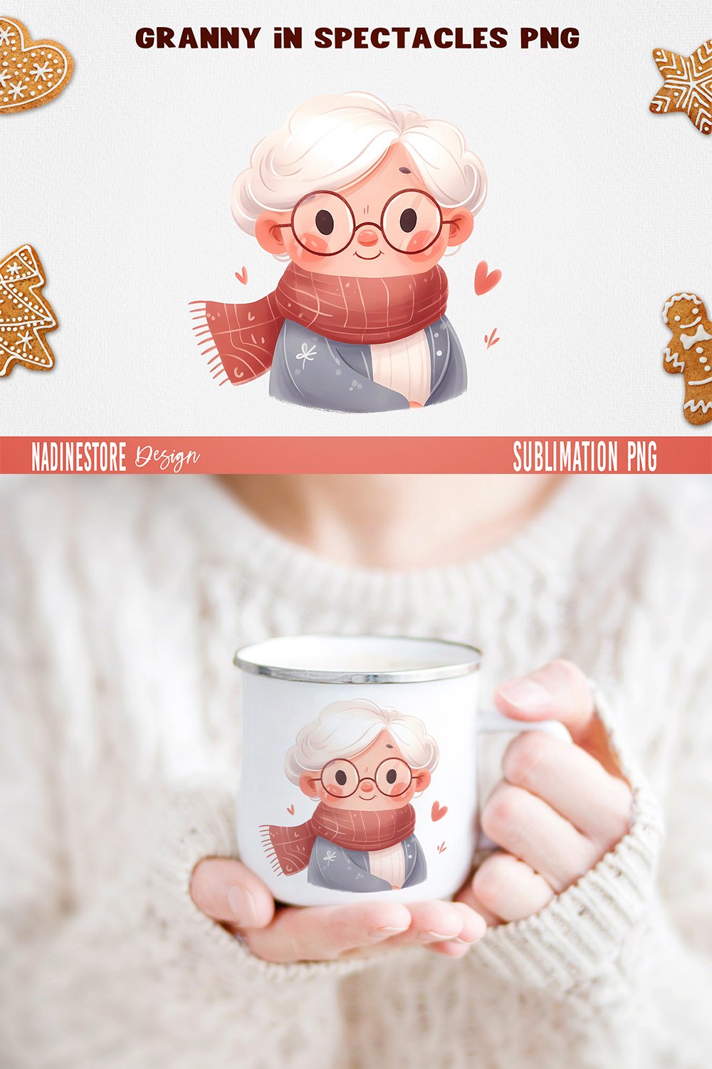 Cute grandma in spectacles Sublimation PNG. (2960486)