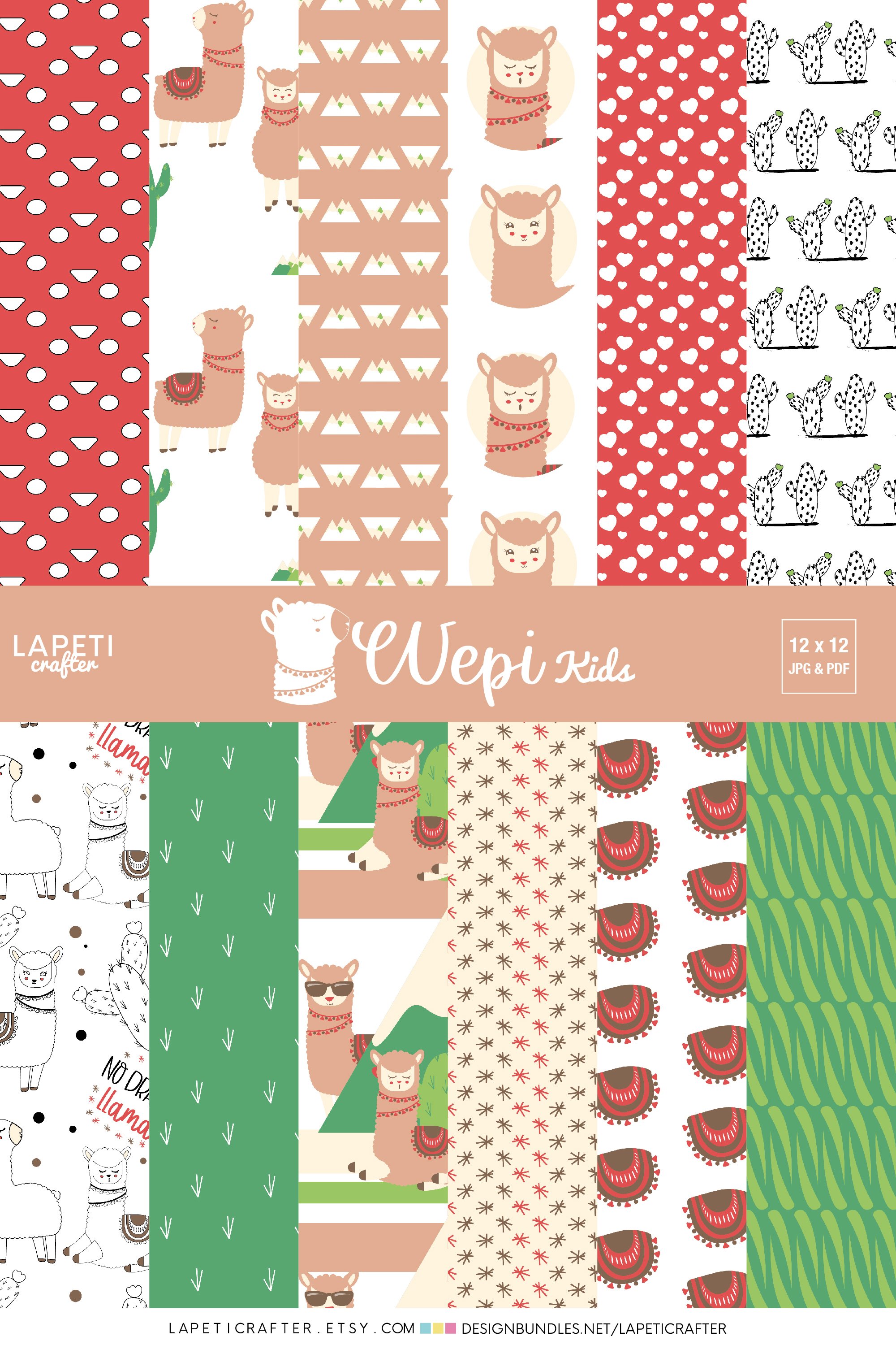 Llama Digital Paper: Scrapbooking, Kids Crafts Patterns