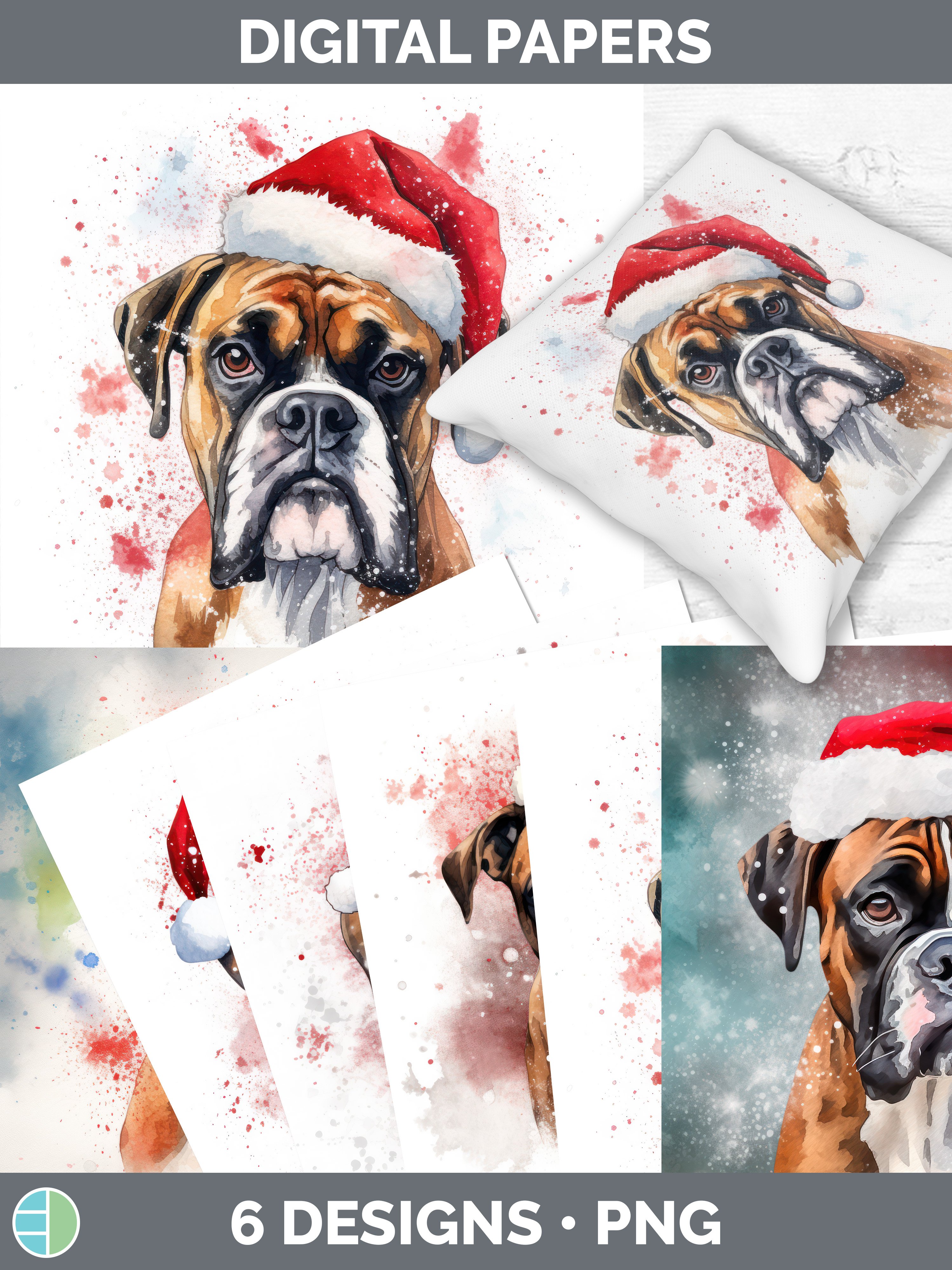 Christmas Santa Hat Boxer Dog Paper Backgrounds | Digital Sc