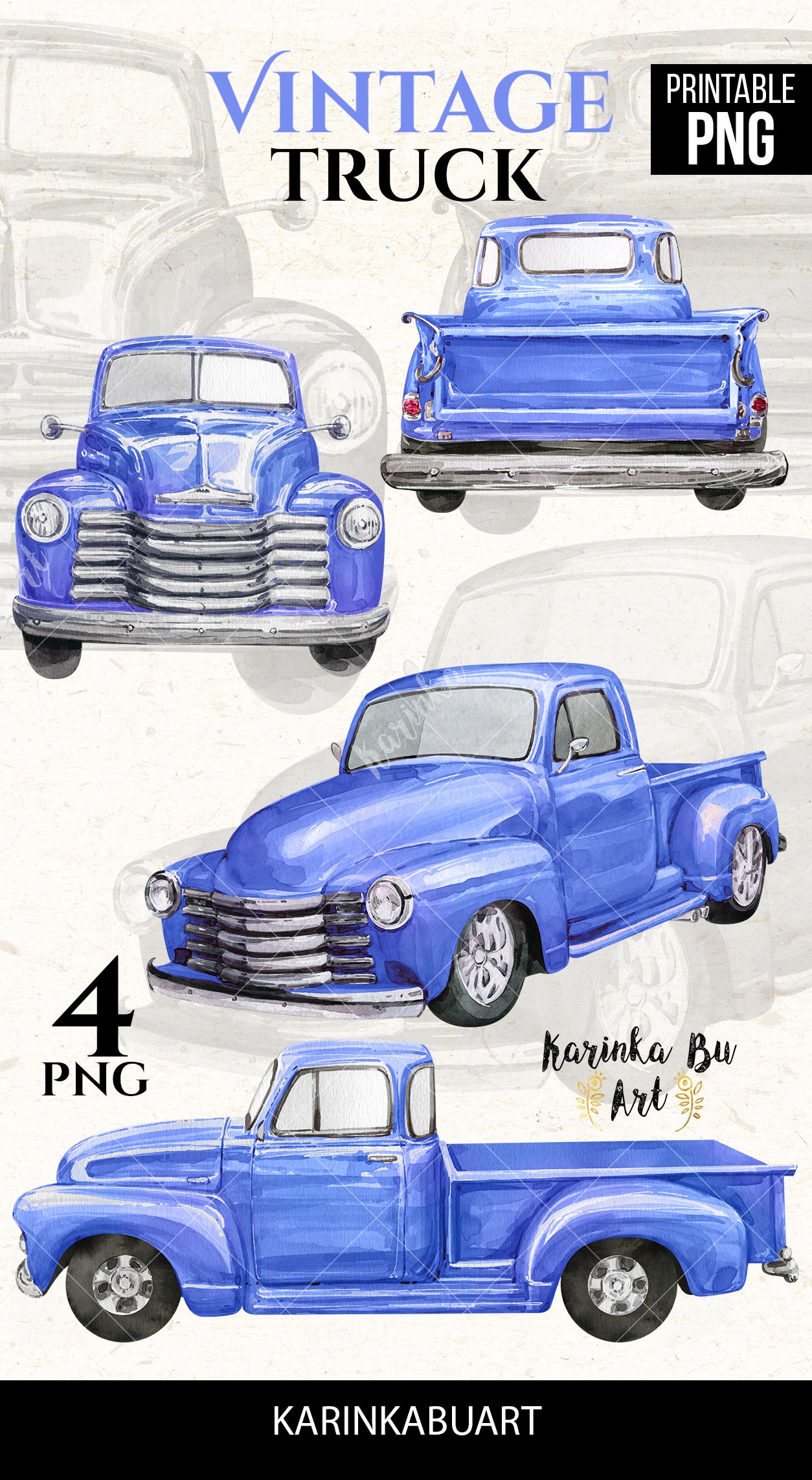 4 Watercolor Vintage Blue Truck Clipart, Vintage Pick Up