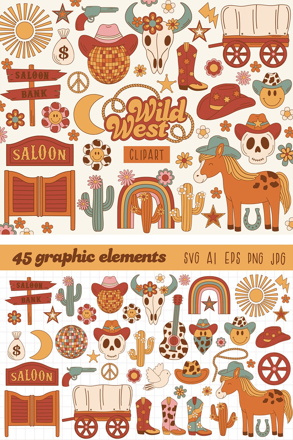 Groovy Hippie Western, Smiley Cowboy, Wild West clipart,