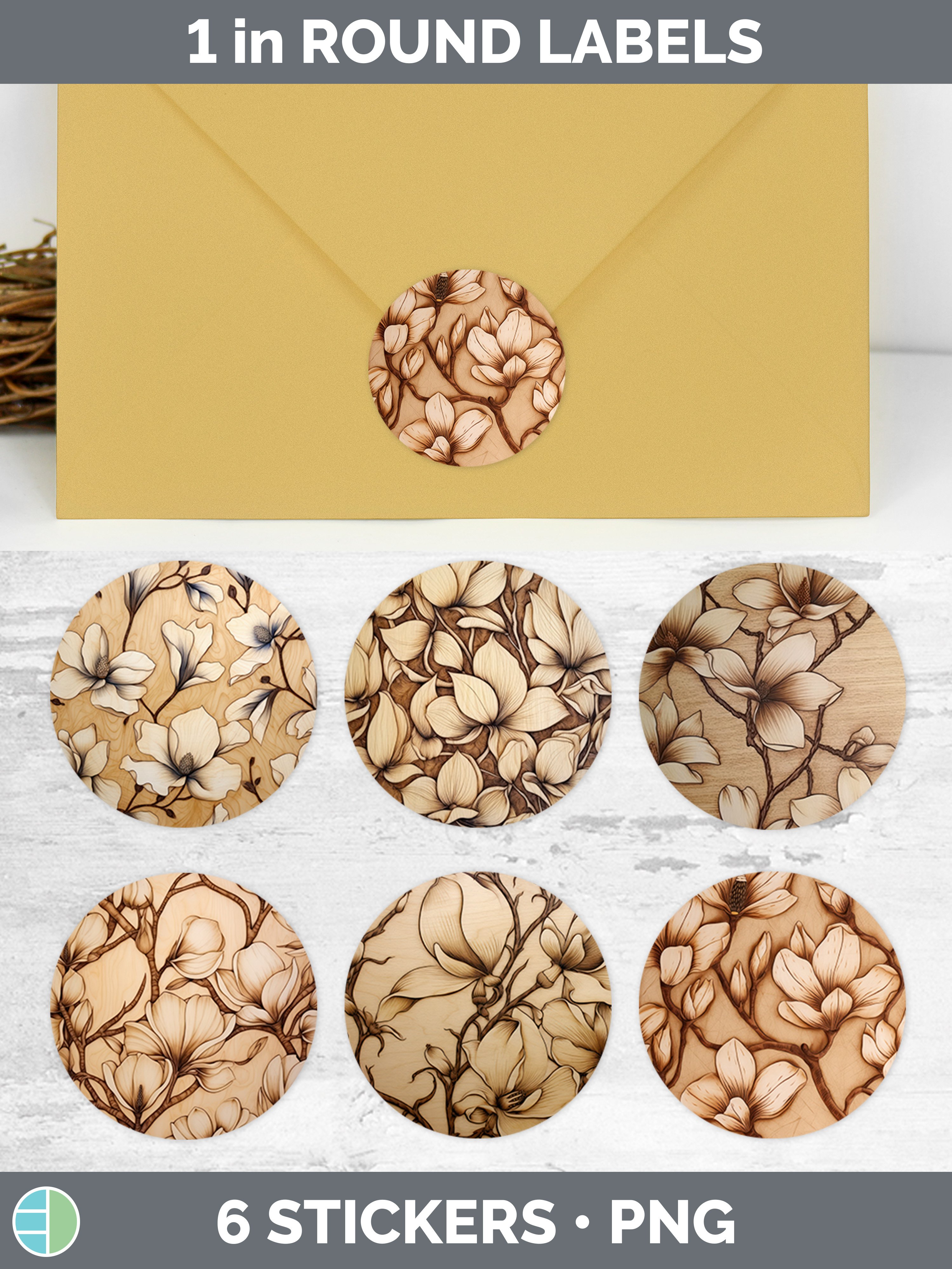 Wood Burned Magnolia Flowers Stickers | Round Labels Designs