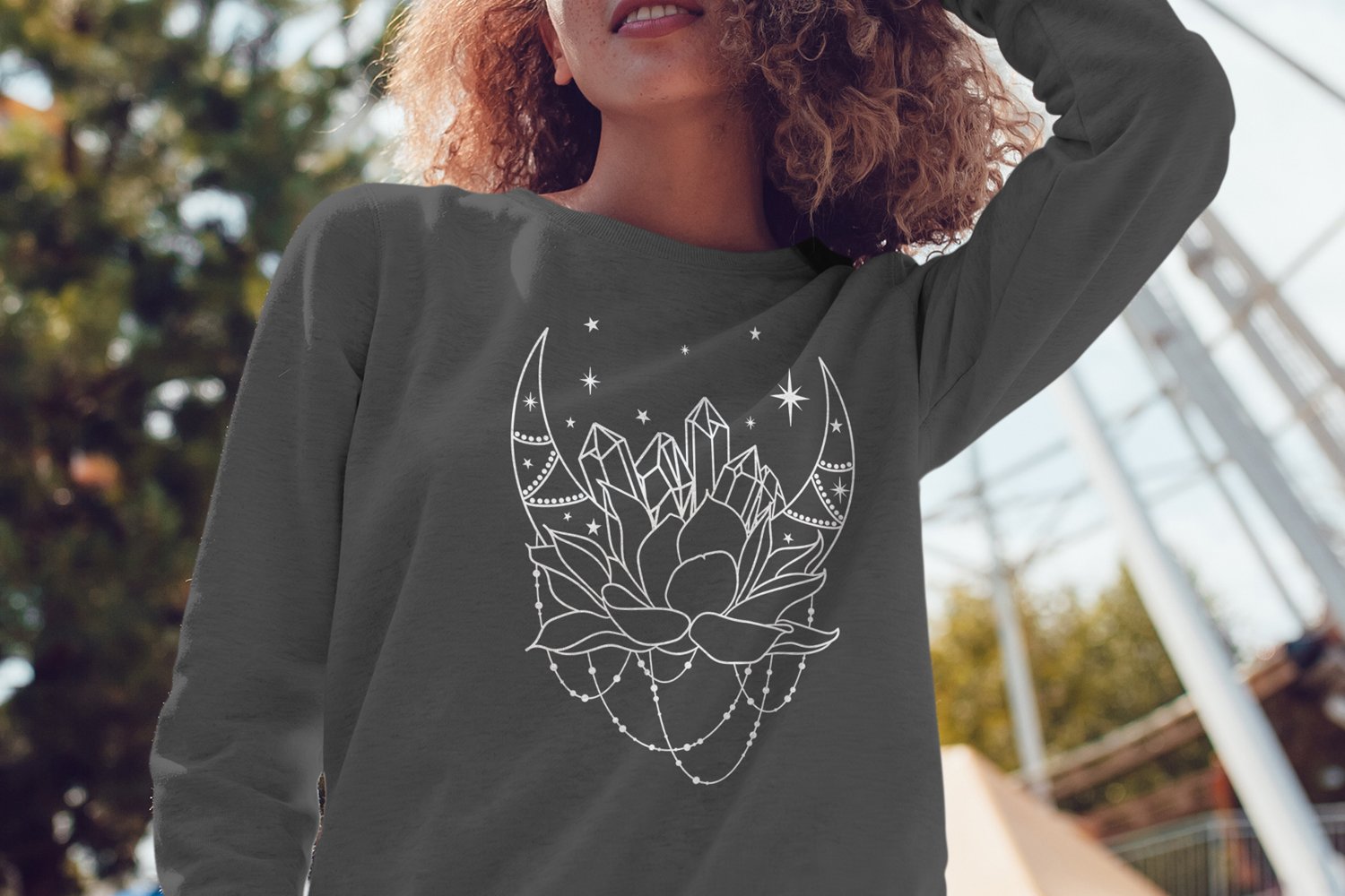 Crescent moon with lotus and crystals svg