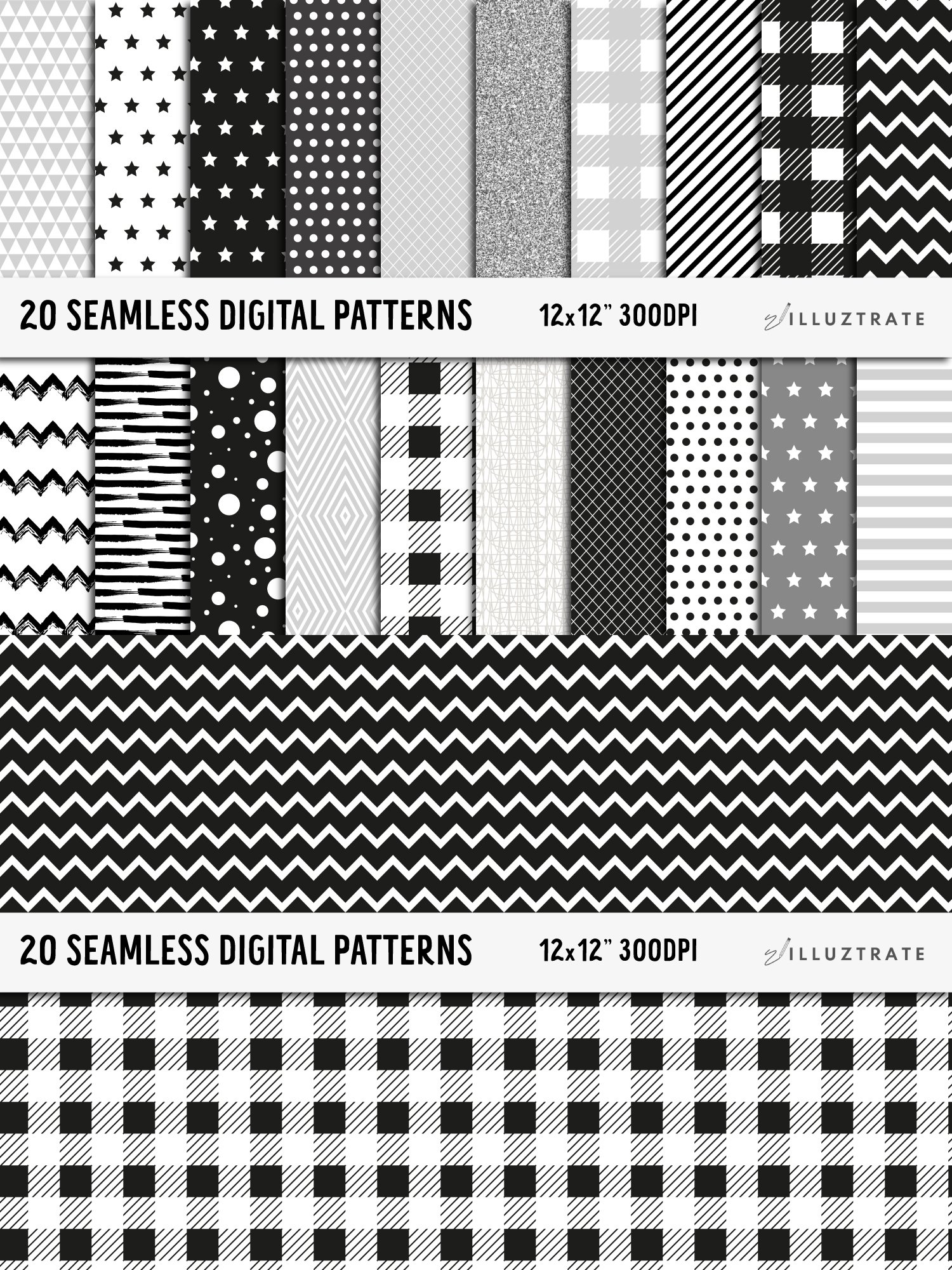 Monochrome Seamless Patterns | Black and White Digital Paper