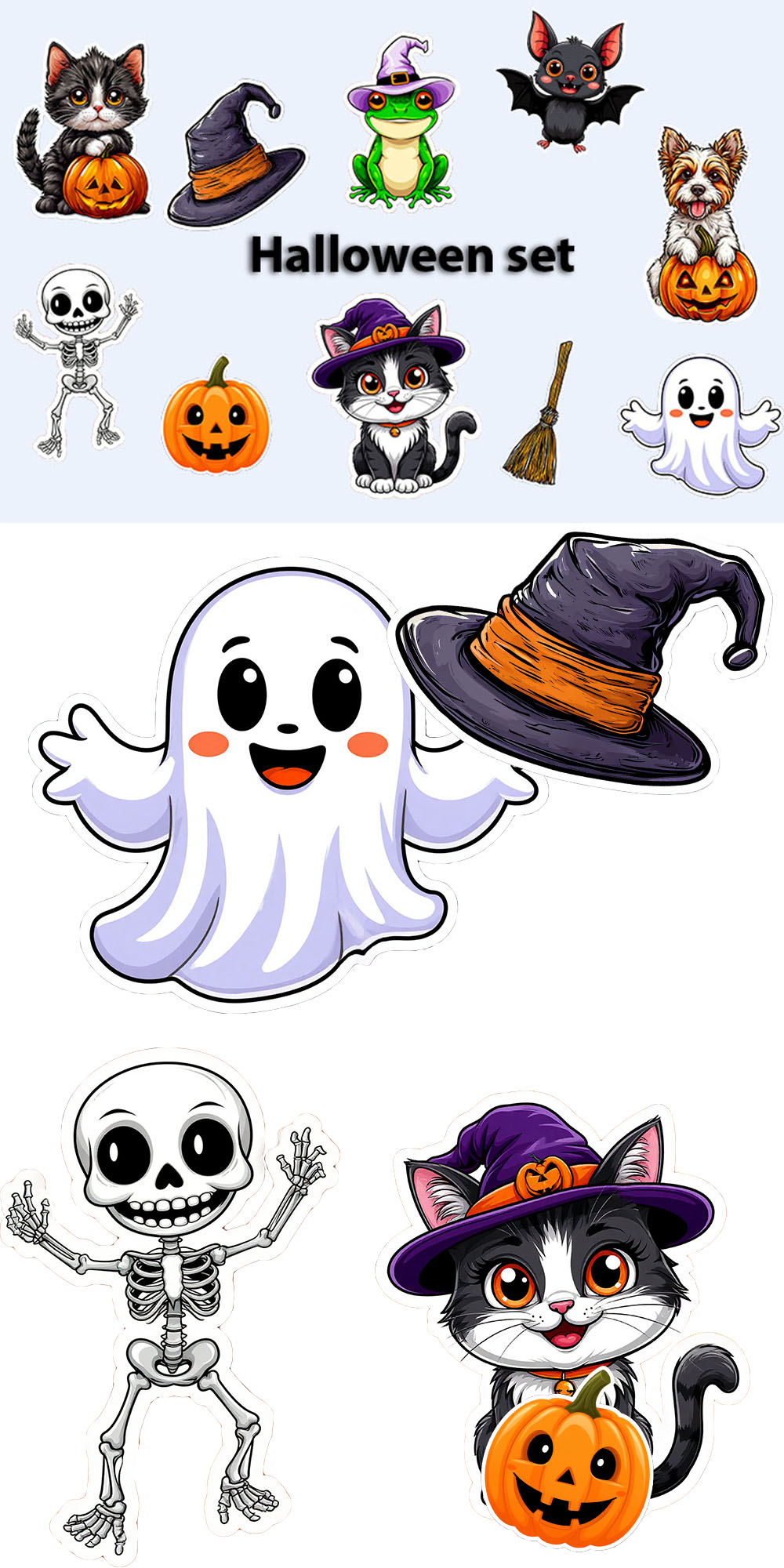 Halloween Stickers, Ghost, Cat, Bat, Frog, Dog, Skeleton,PNG