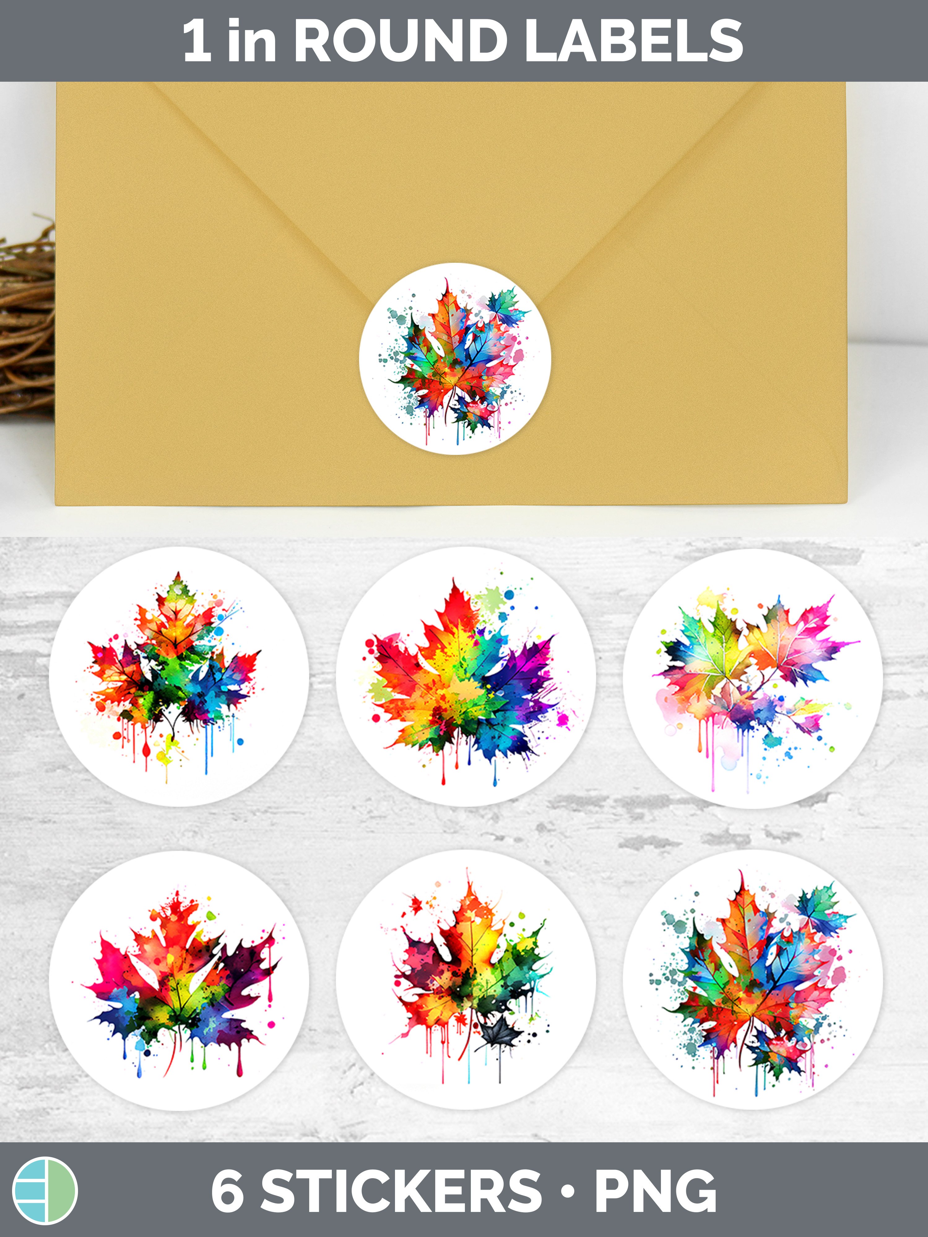 Rainbow Maple Leaves Stickers | Round Labels Designs Bundle