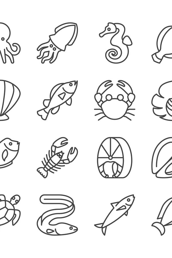 Fish and seafood line vector icons