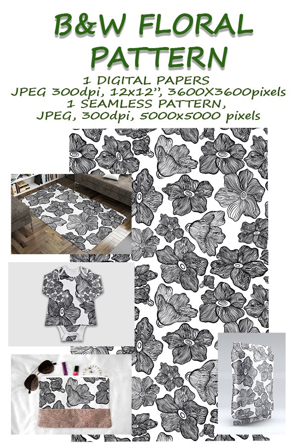 B&W floral seamless pattern 4, digital paper
