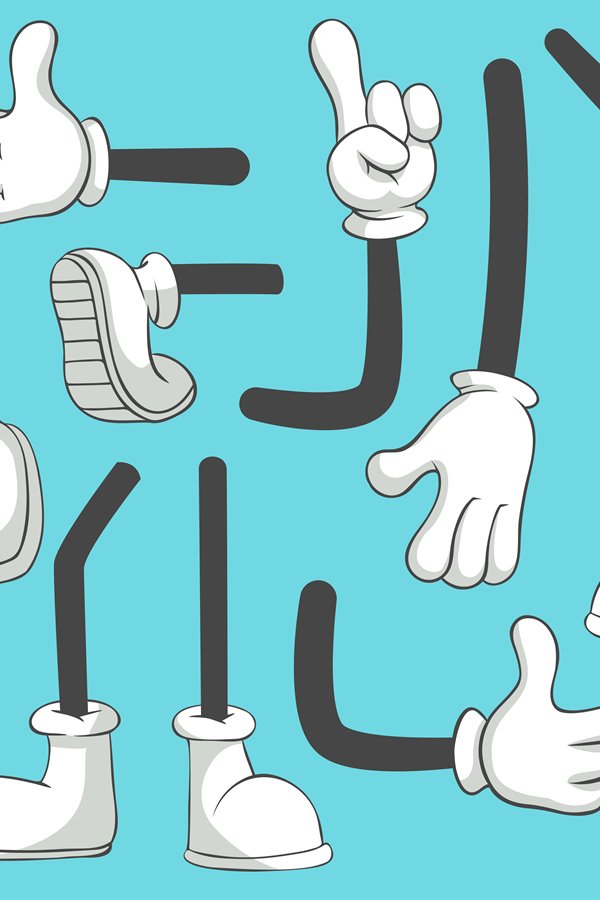 Cartoon legs and hands. Leg in boots and gloved hand, comic