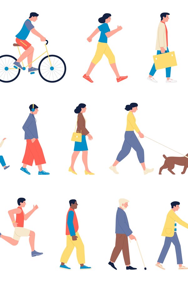 People walking. Summer person, isolated women men walk. Tour