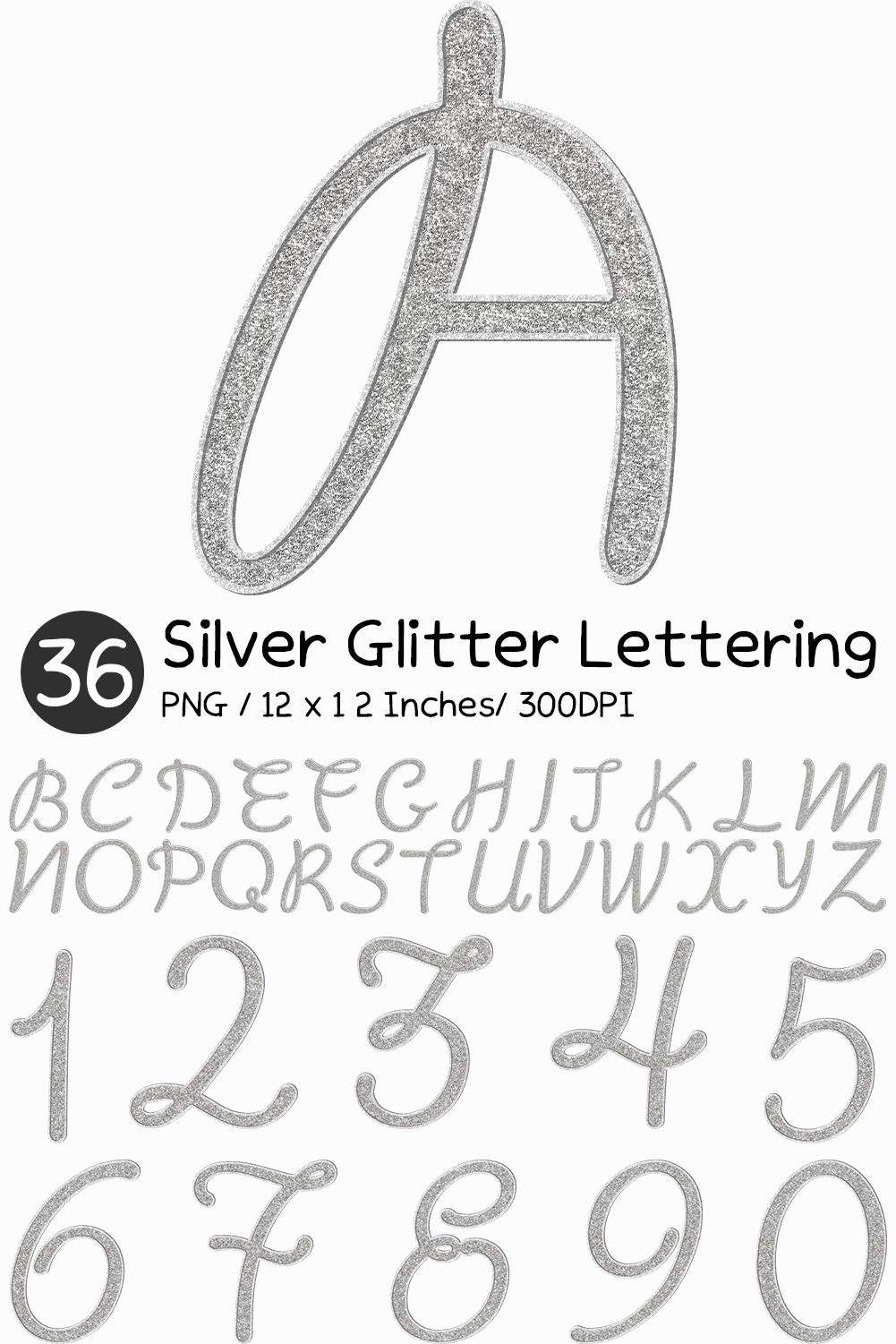 Silver Glitter Lettering PNG Sparkly Cursive Alphabet Number