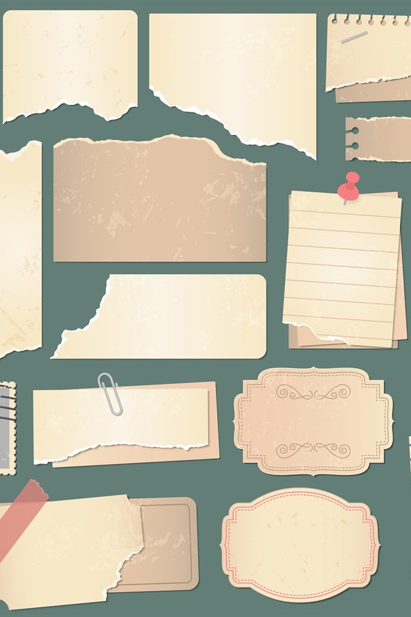 Old scrapbook paper. Crumpled papers pages, vintage scrapboo