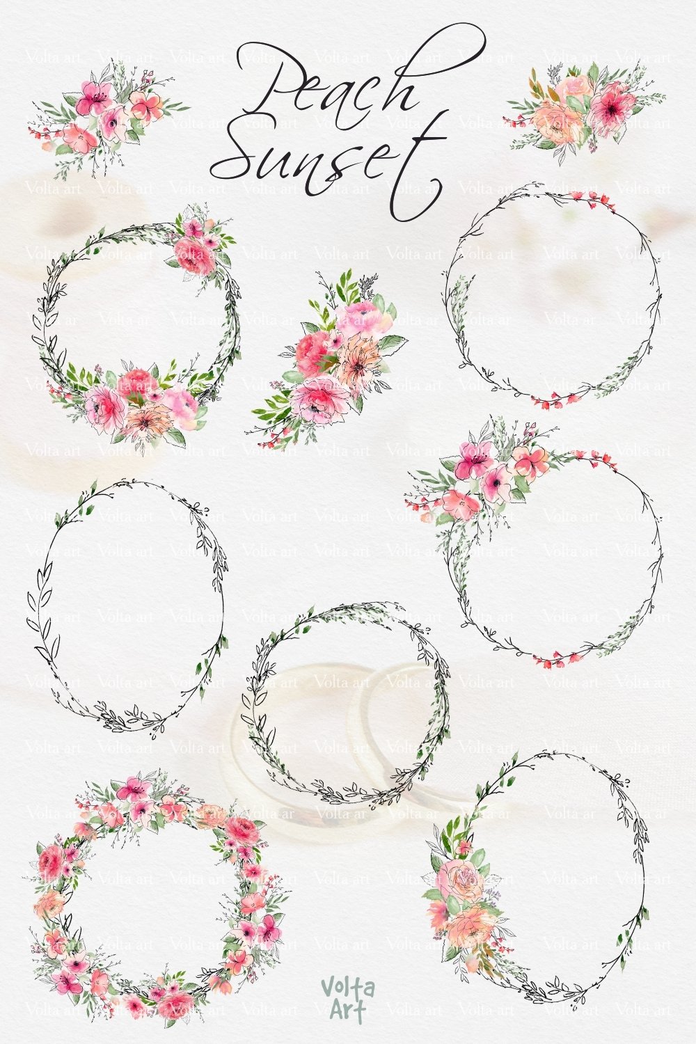 Peach and Pink Wreath Bundle, Watercolor Linear Frame set