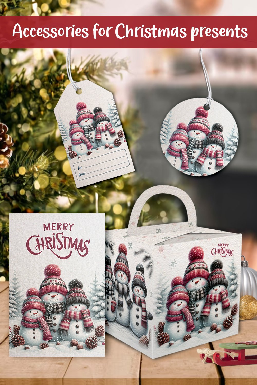 Christmas gift accessories. Tags, card and gift box.