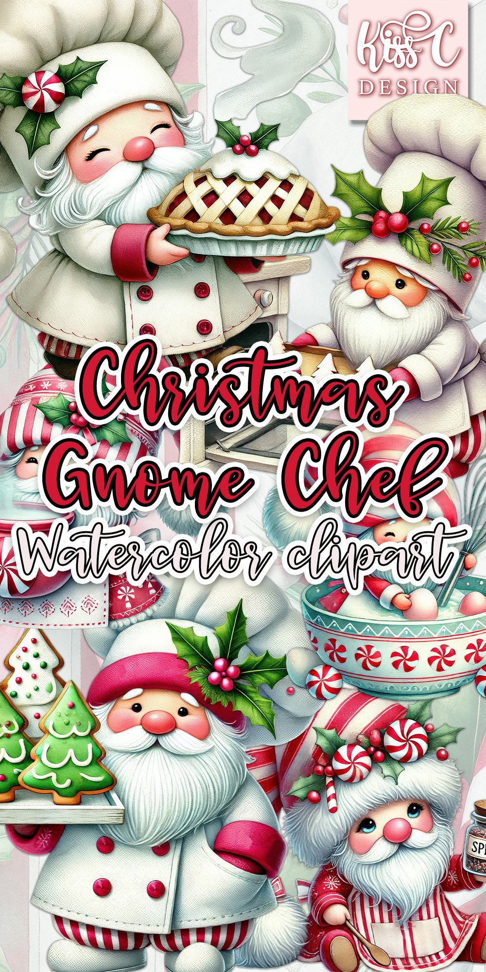 Watercolor Christmas Gnome Chef Clipart Set. Festive Gnomes