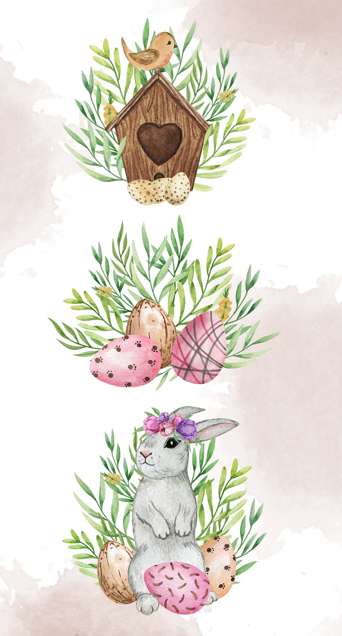 Easter spring illustration with bunnies and eggs