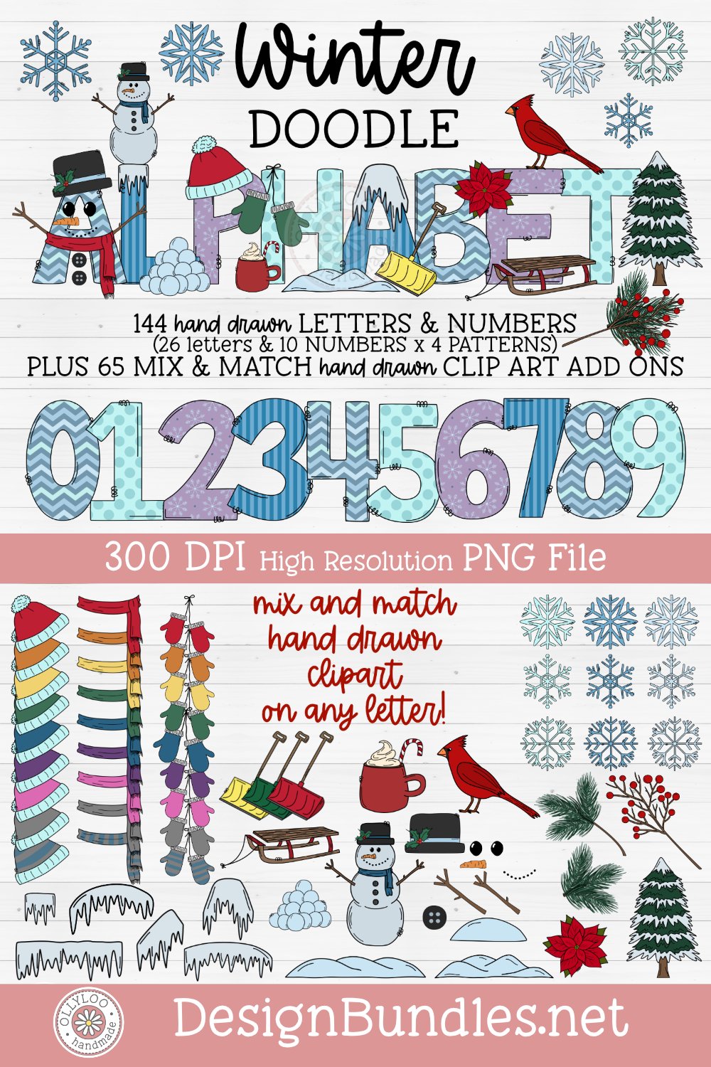 Winter Alphabet & Numbers Bundle with Hand Drawn Clipart