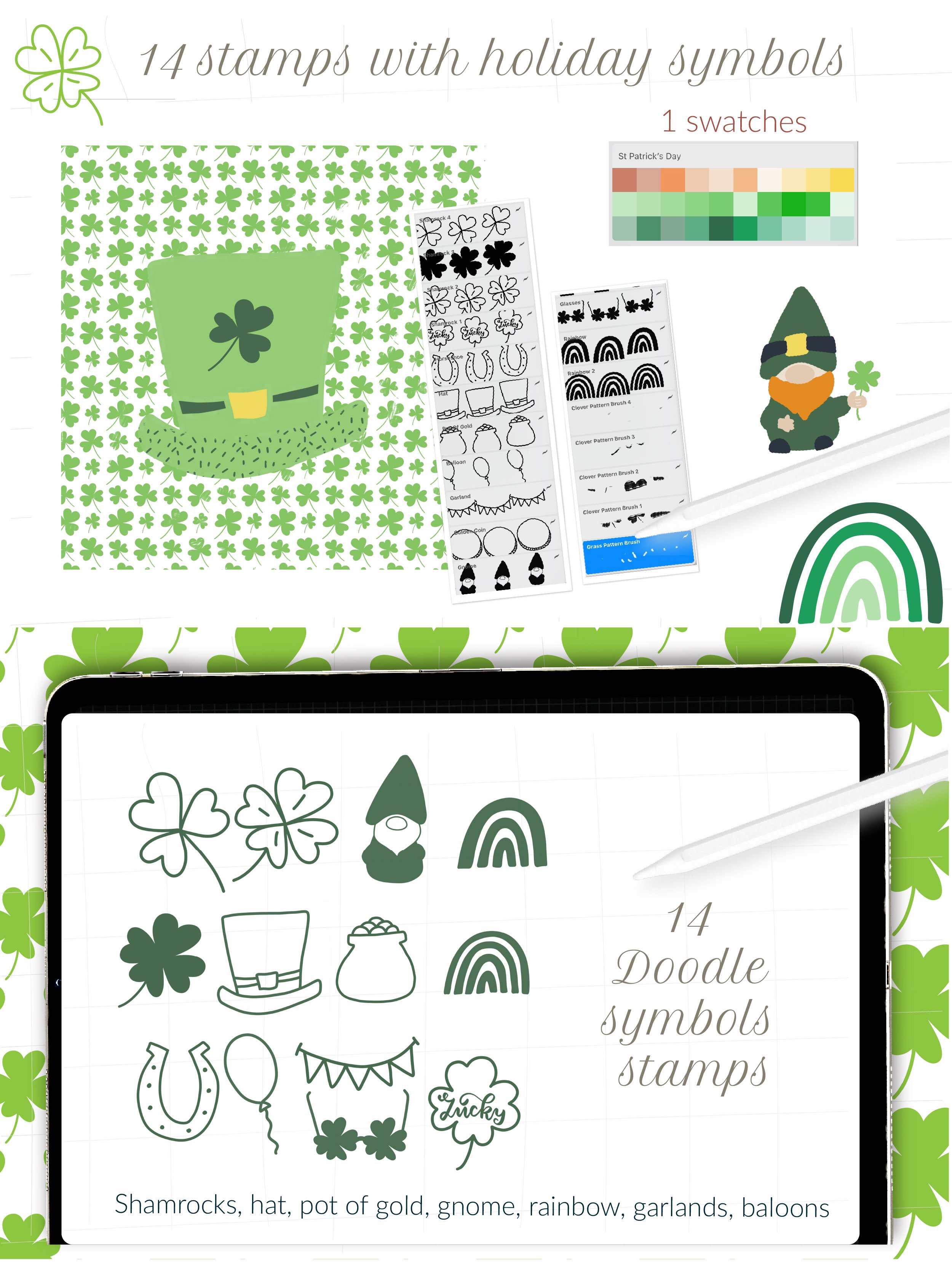 St Patricks Day stamps for Procreate, shamrock brushes