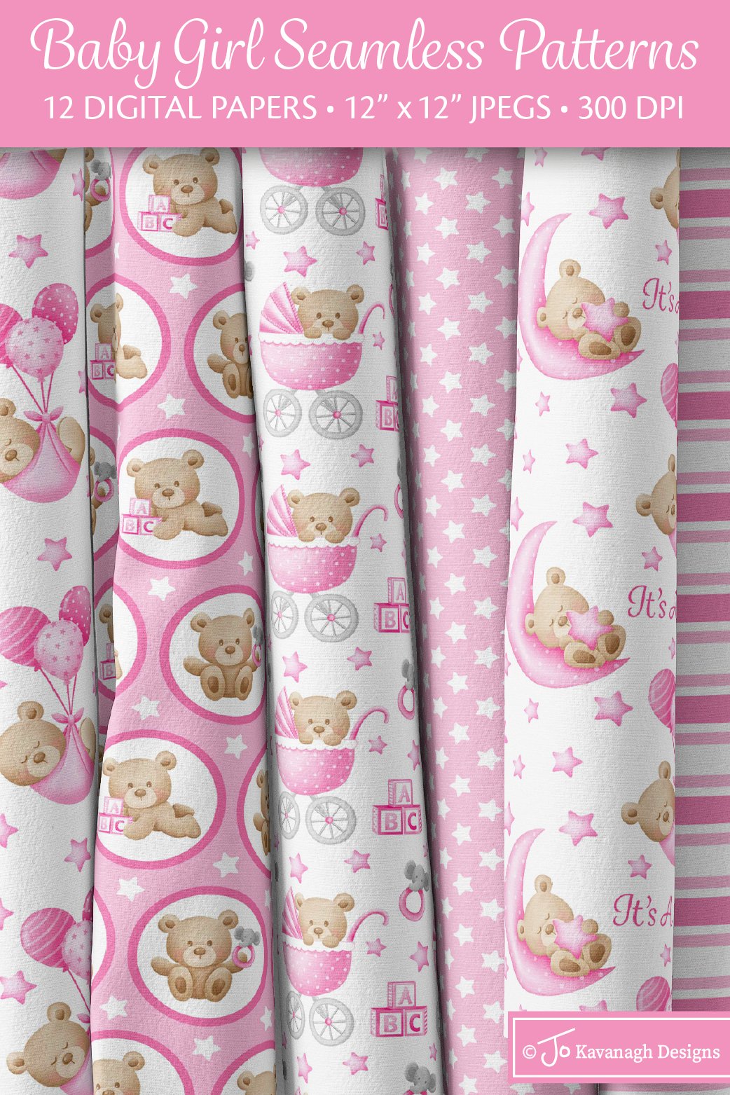 Baby girl digital papers, Cute bear digital papers, New baby