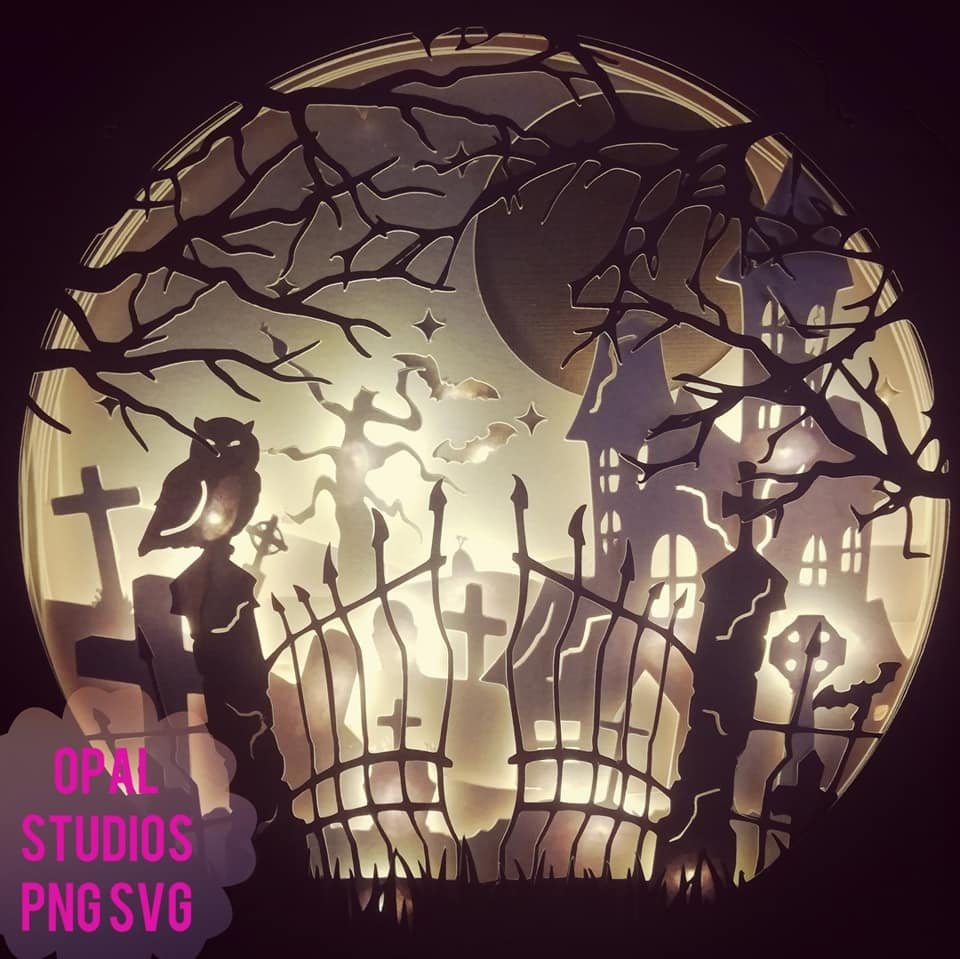 Spooky Halloween graveyard house 3d layered shadow box light