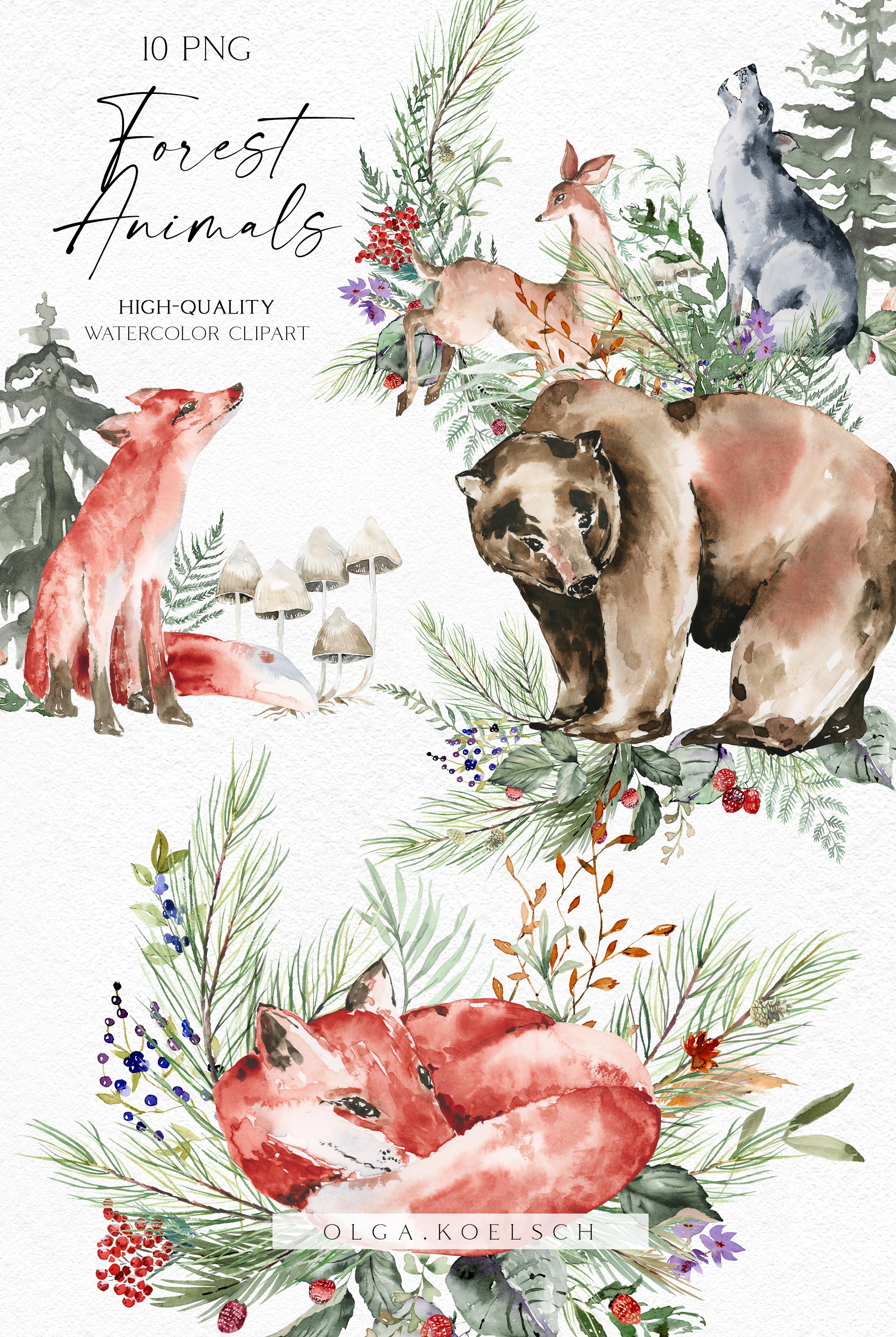 Watercolor forest animals clipart, Cute animals (1509752)
