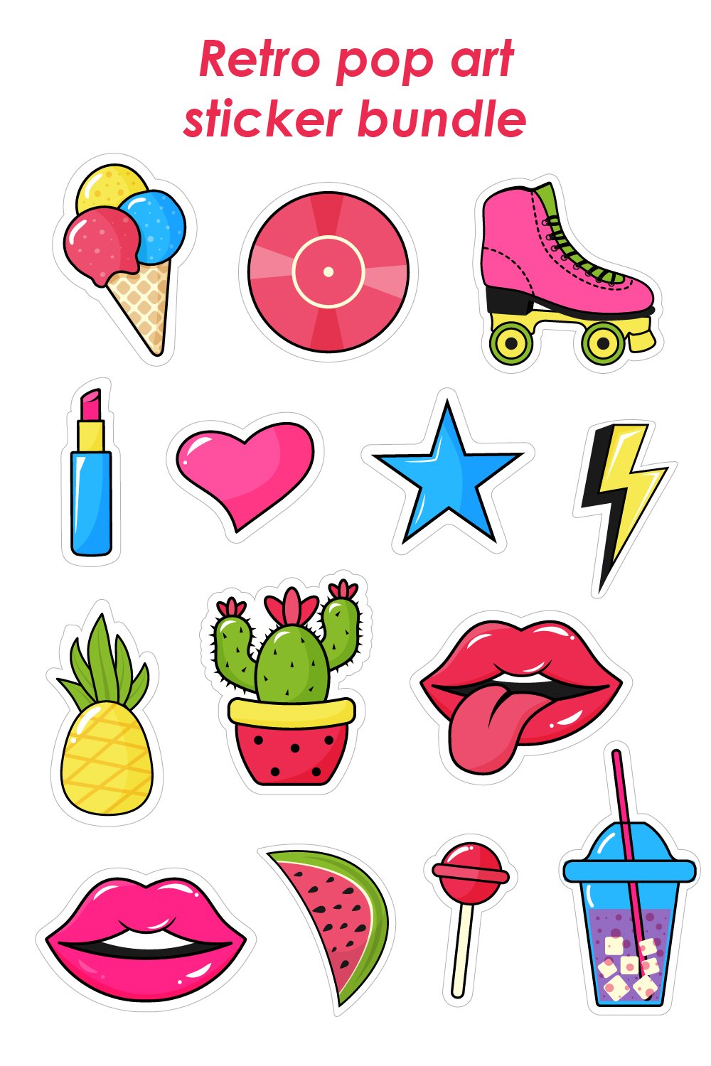 Retro pop art sticker bundle with cute fashion clipart