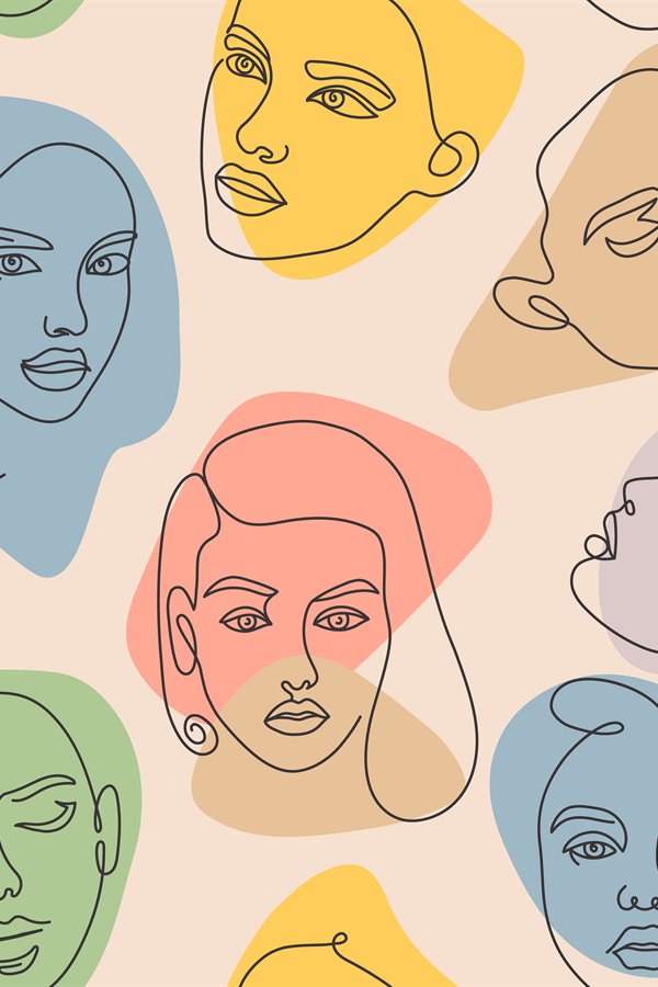 Female face seamless pattern. Modern continuous one line min