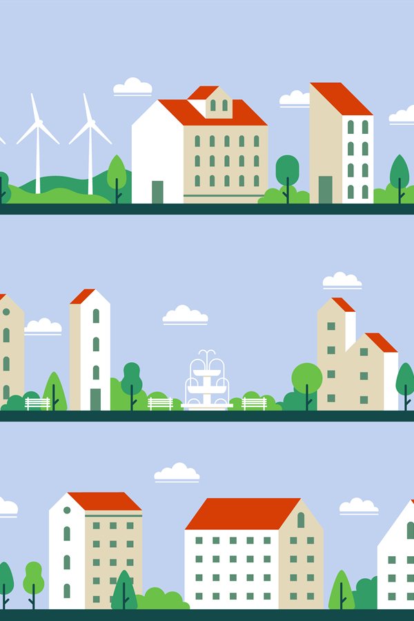 Minimal city panorama. Townhouses buildings, townscape and c