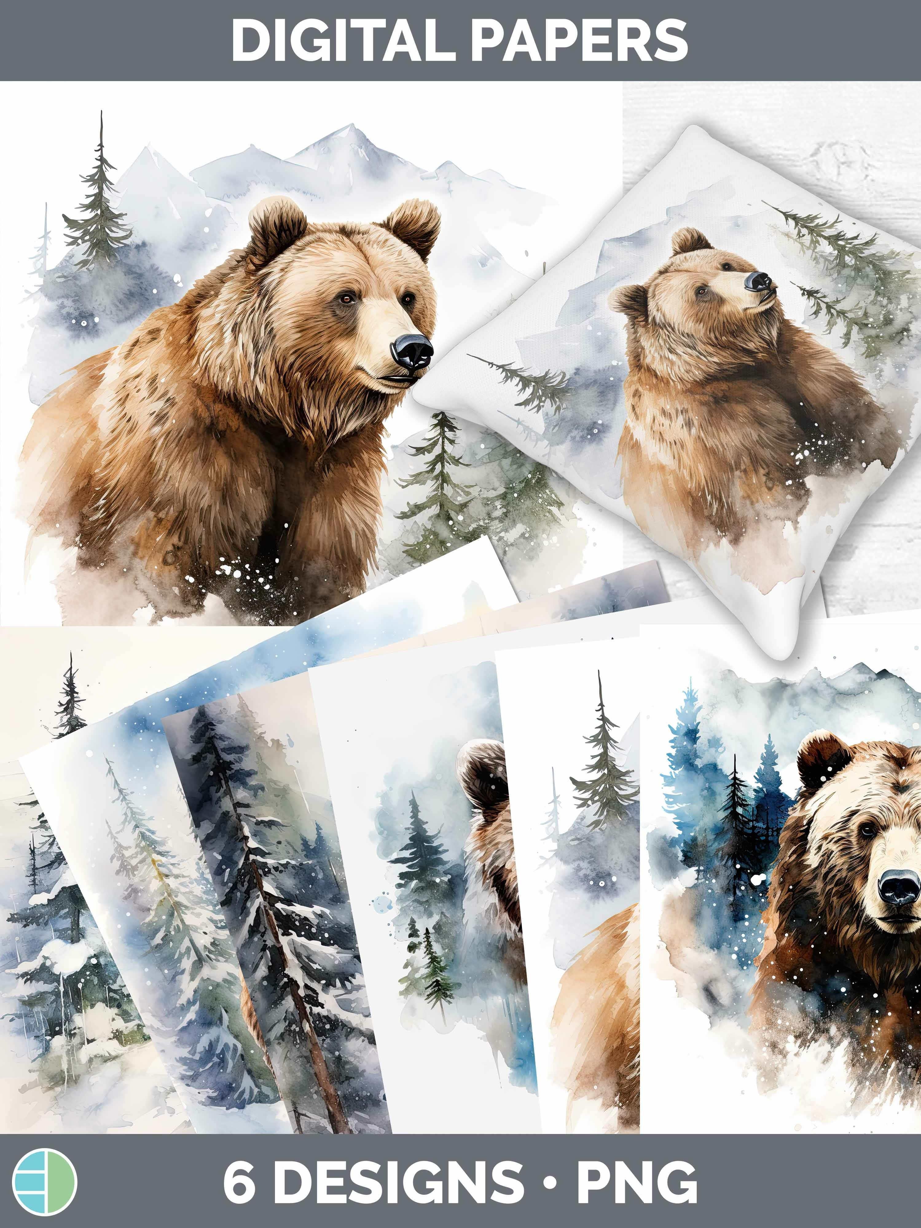 Watercolor Grizzly Bear Paper Backgrounds | Bundle Digital S