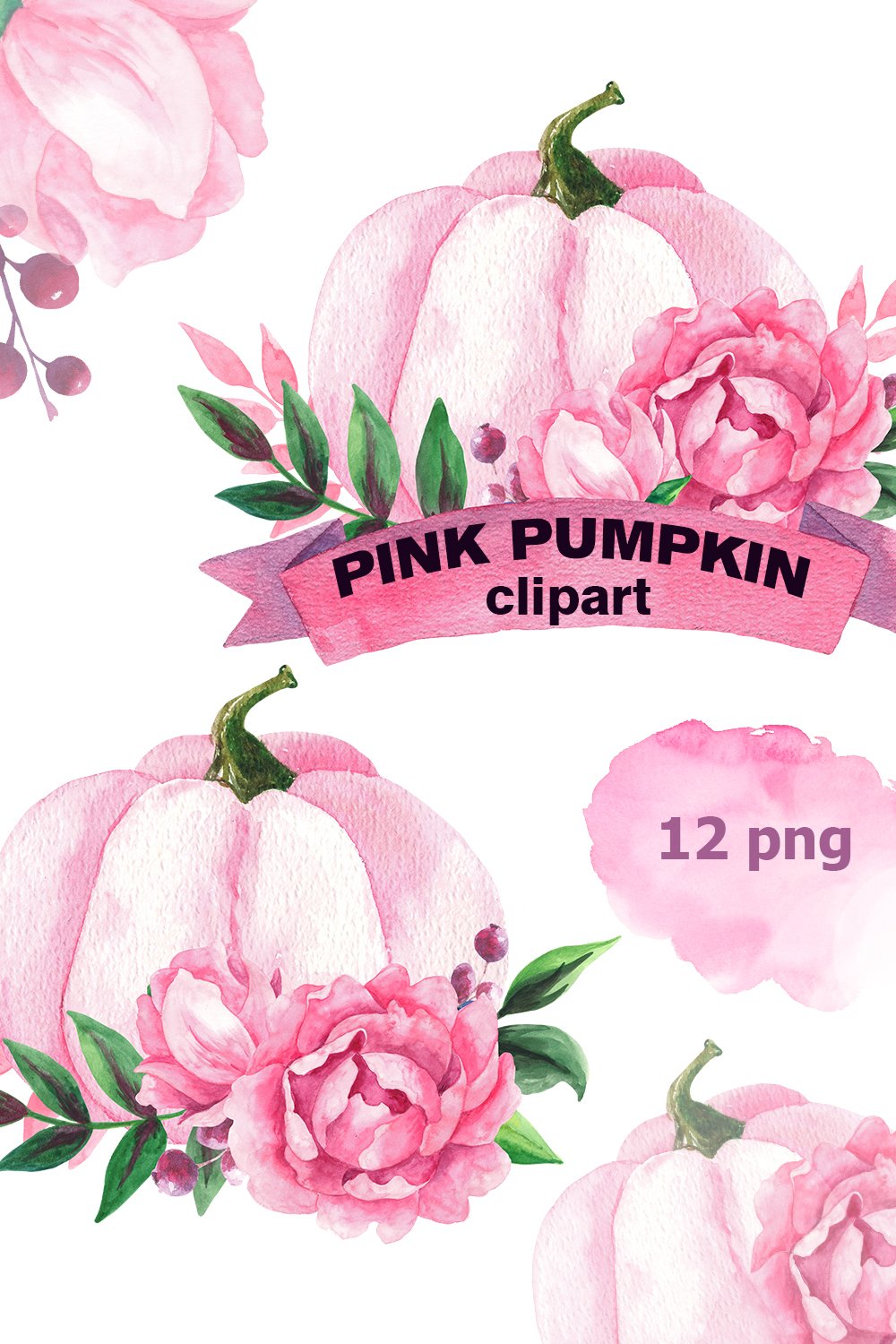 Watercolor Pink Pumpkin Clipart |Fall Baby Shower PNG