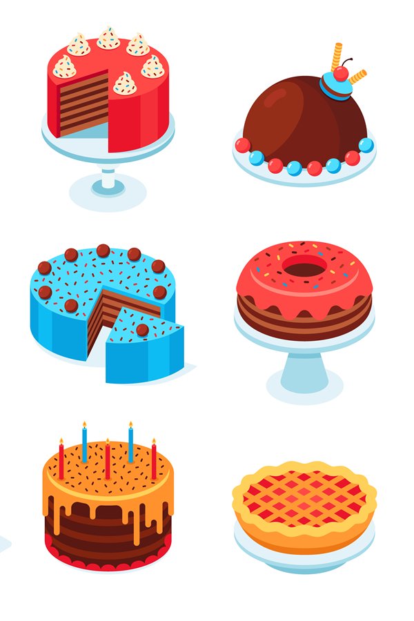 Isometric cakes. Chocolate cake slice, delicious sliced birt