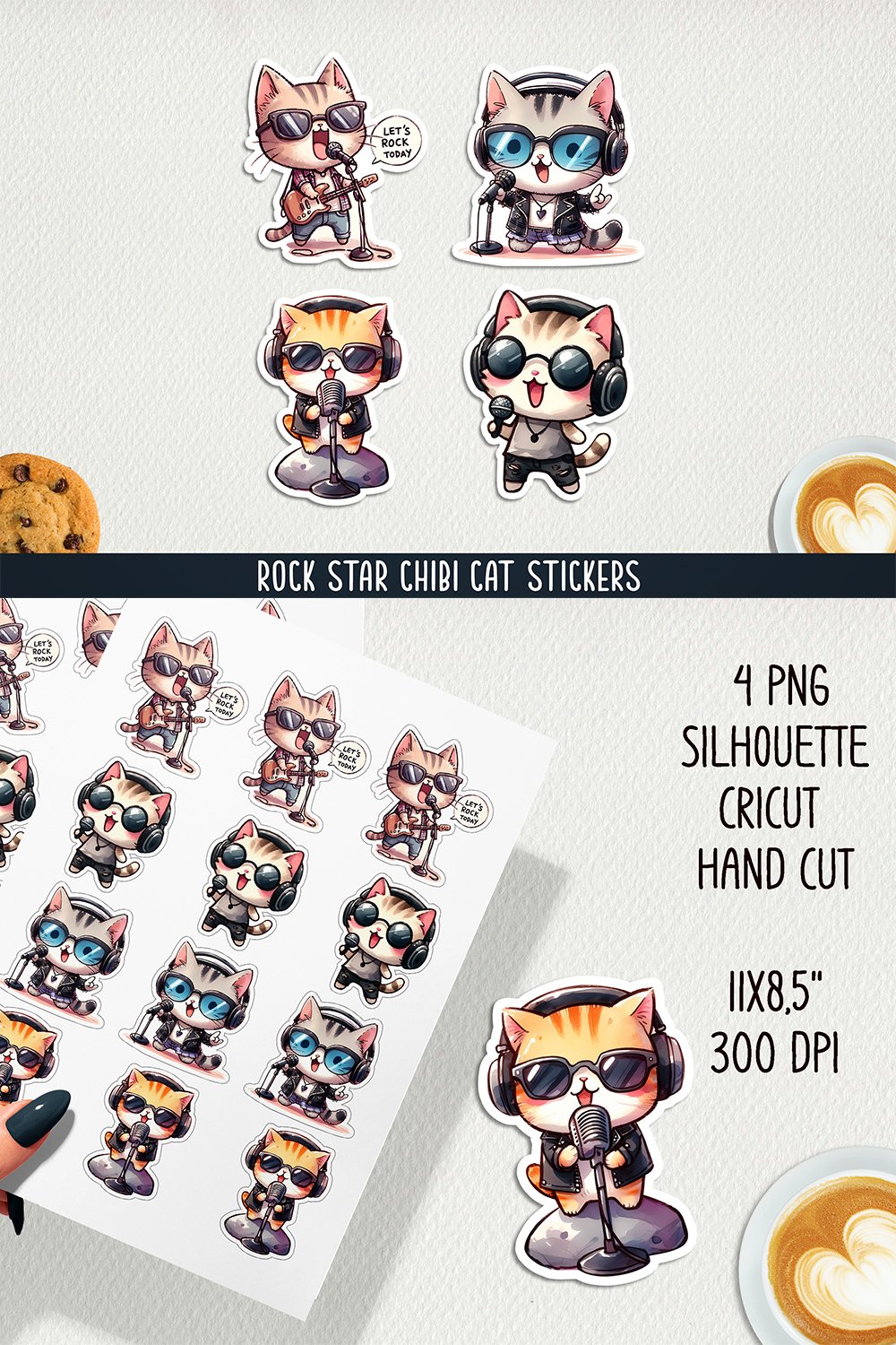 Rock star chibi cat stickers. PNG, JPG. (3278466)