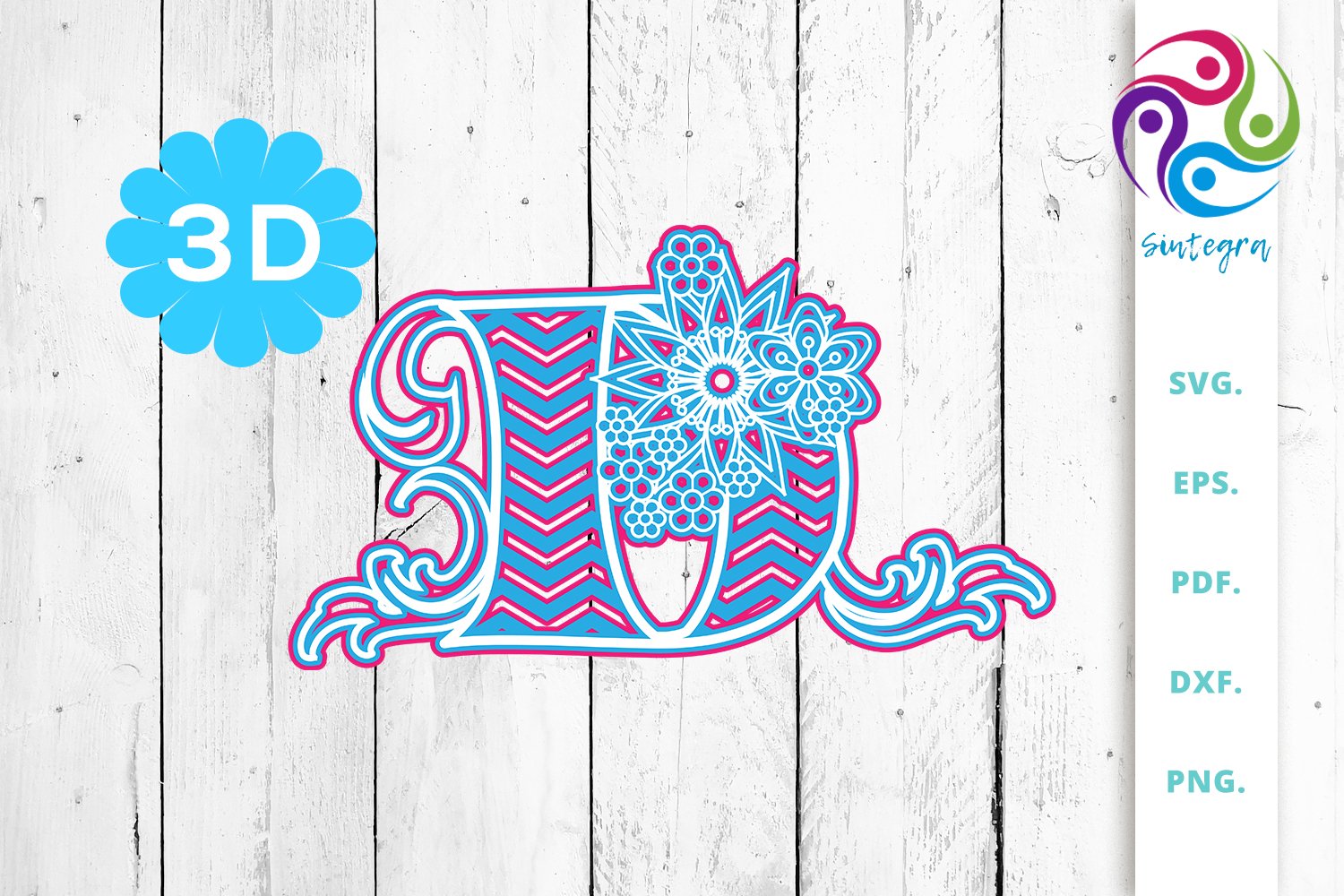 3D Multilayer Floral Chevron Letter D , SVG Cut File
