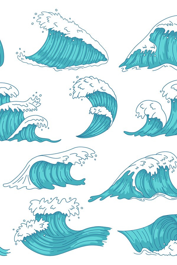 Oceanic waves. Sea hand drawn tsunami or storm waves, marine