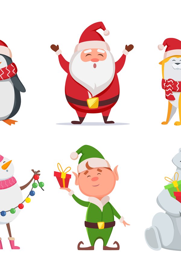 Christmas characters in cartoon style. Santa, yellow dog, el