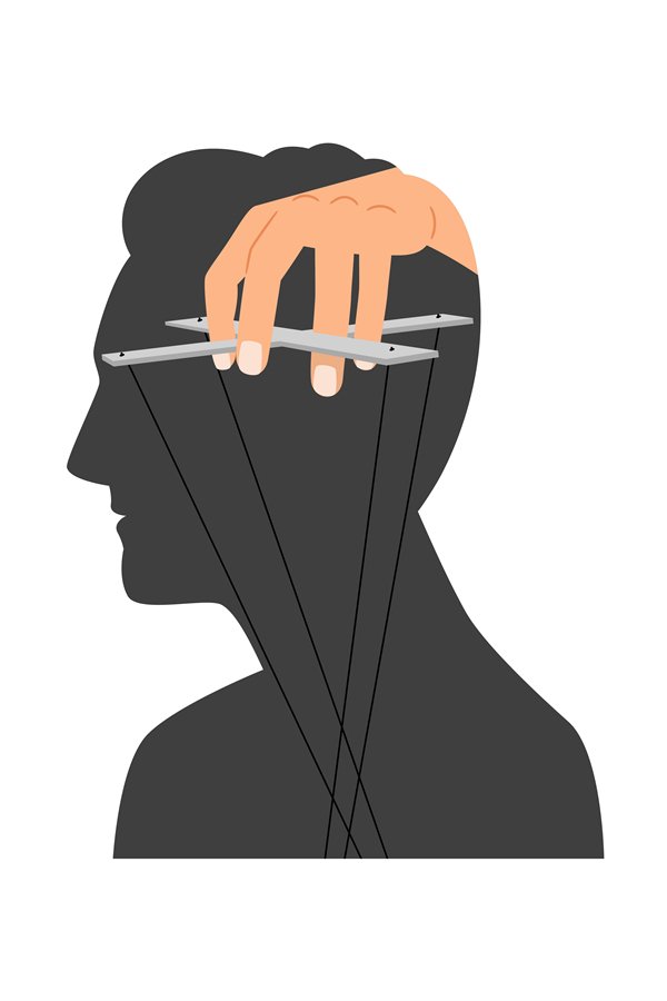 Mind manipulation. Head brain control silhouette vector illu